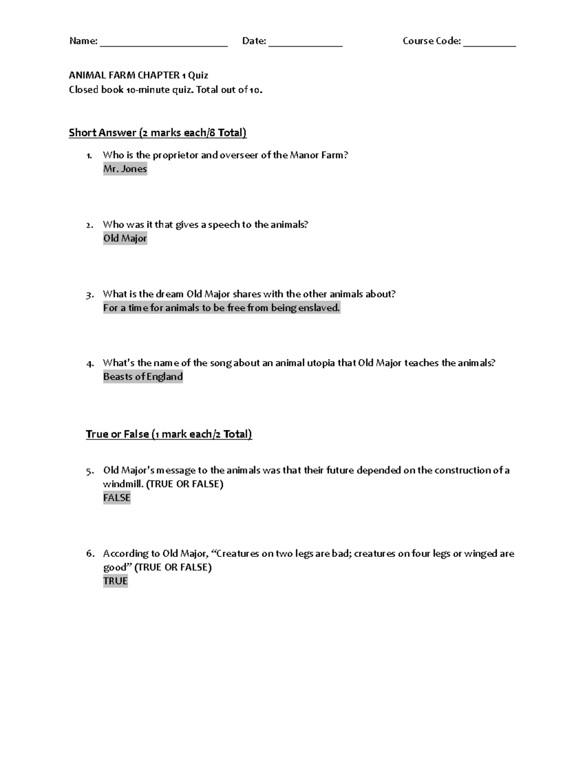 Animal FARM Chapter 1 Quiz - Name: ________________________ Date ...