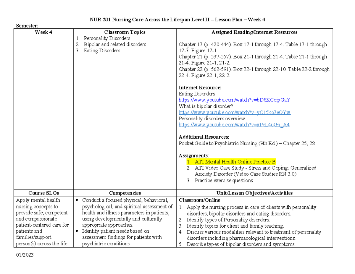 Lesson Plan Week 4 2023 - n/a - NUR 201 Nursing Care Across the ...