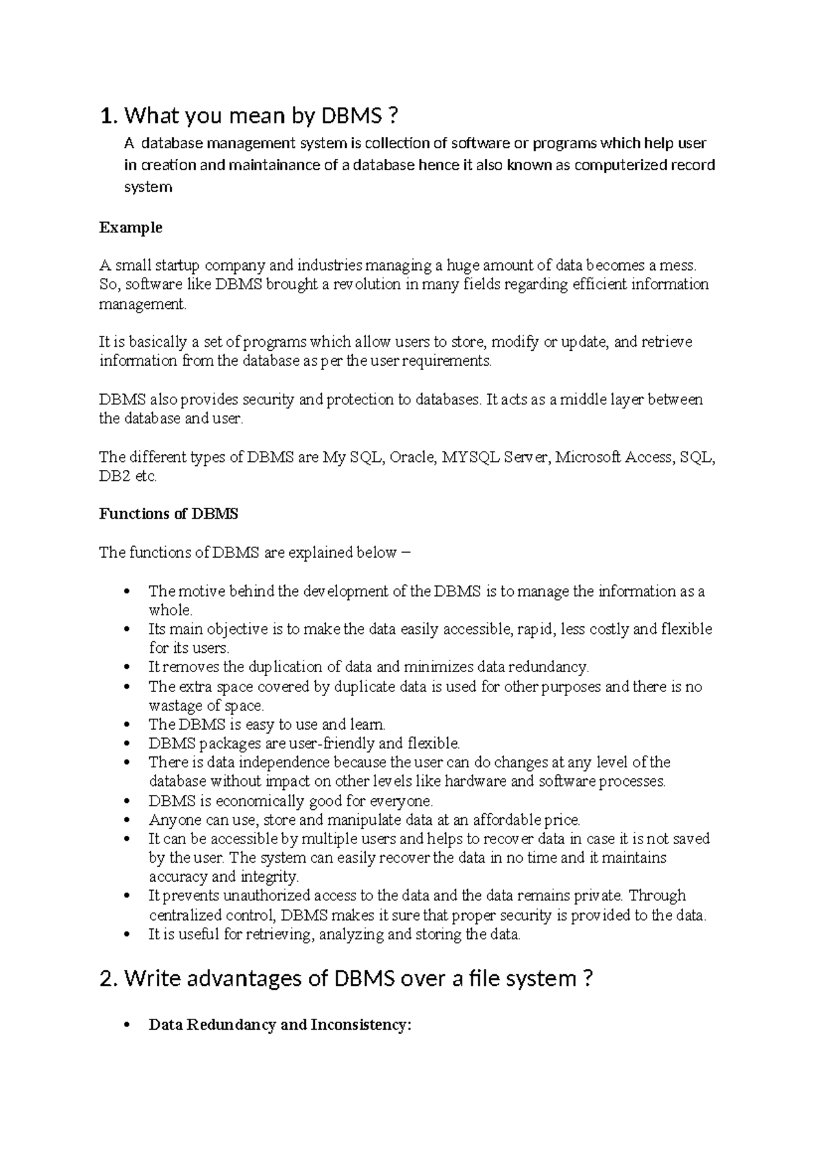 DBMS assigment 1 - ASSIGNMENT - 1. What you mean by DBMS? A database management system is ...