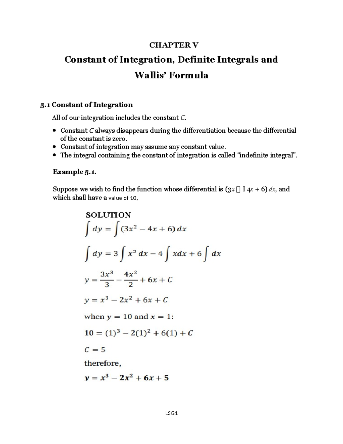 Chapter 5 Integral Calculus - CHAPTER V Constant of Integration, Definite Integrals and Wallis ...