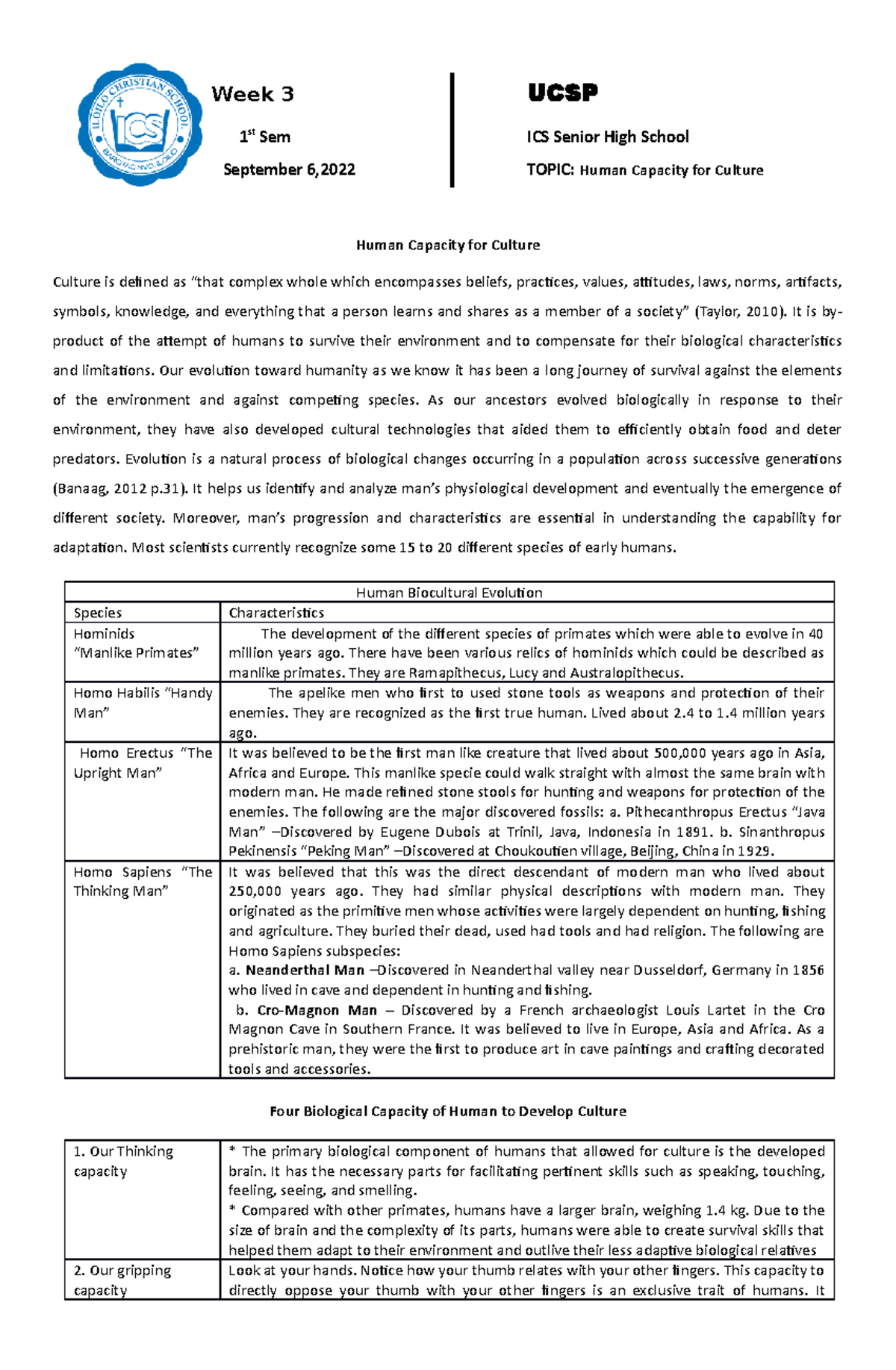 Week 3 UCSP - Human Capacity for Culture - Week 3 UCSP 1 st Sem ICS ...