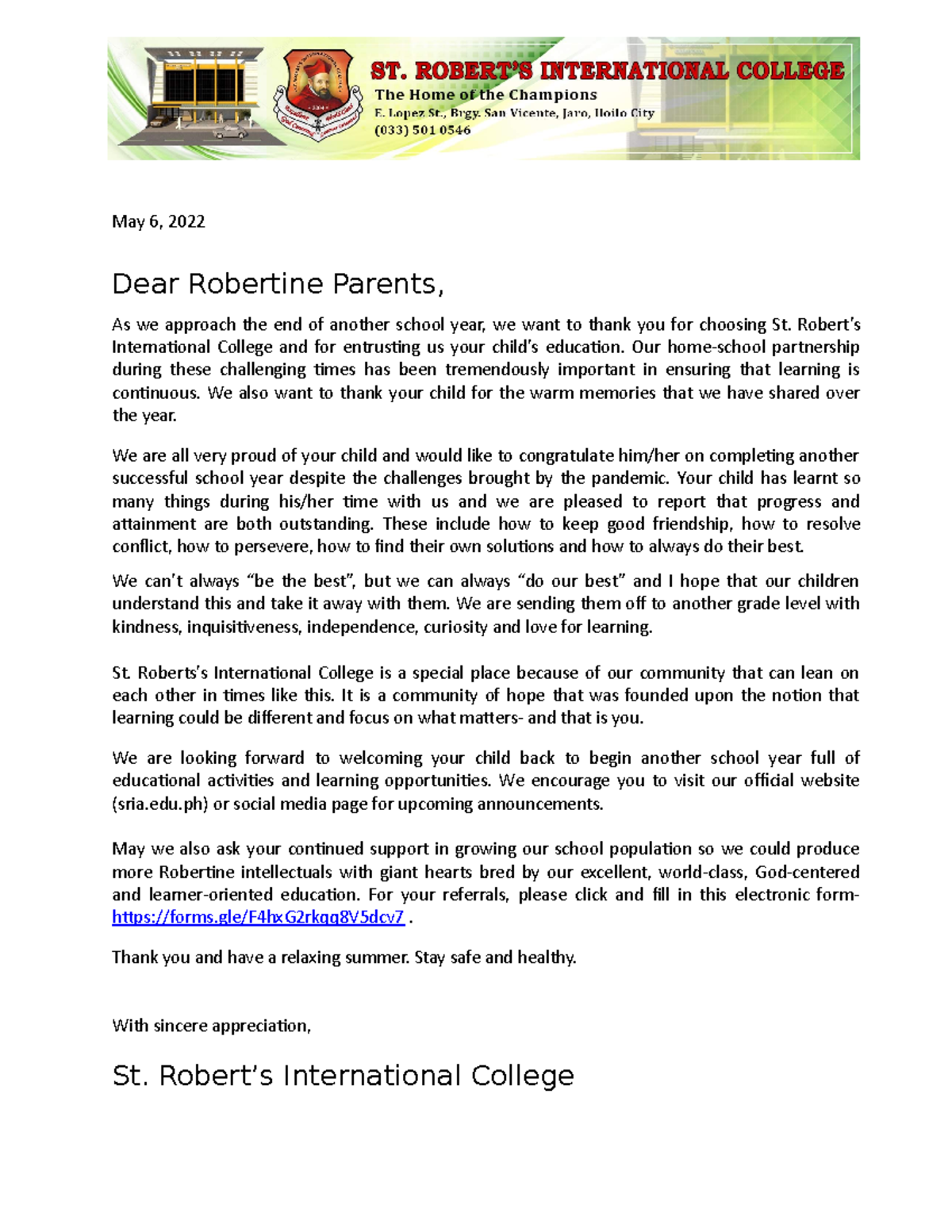 Letter to Parents (year end) - May 6, 2022 Dear Robertine Parents, As ...
