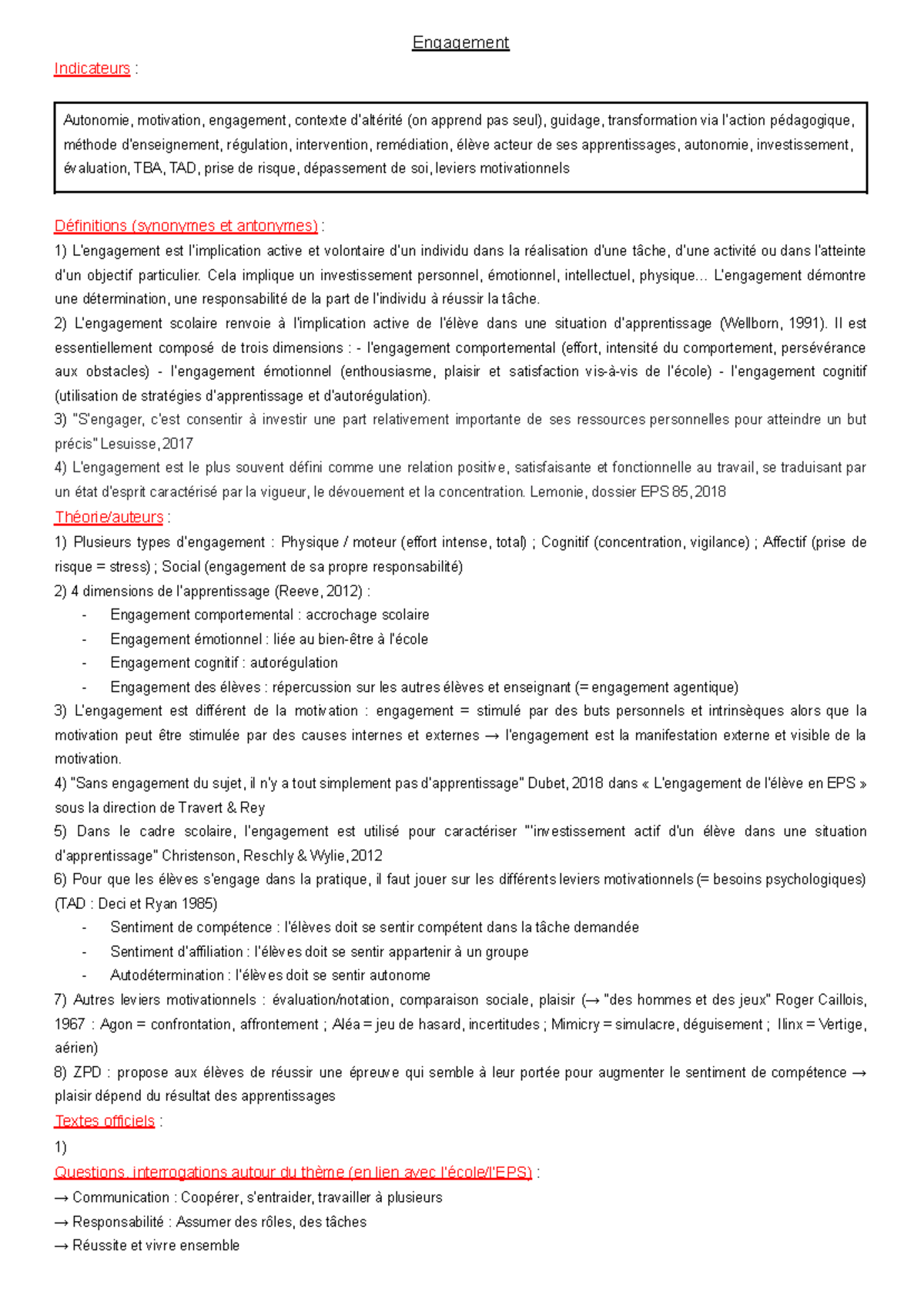 Engagement - Fiche thématique - Engagement Indicateurs : Autonomie ...