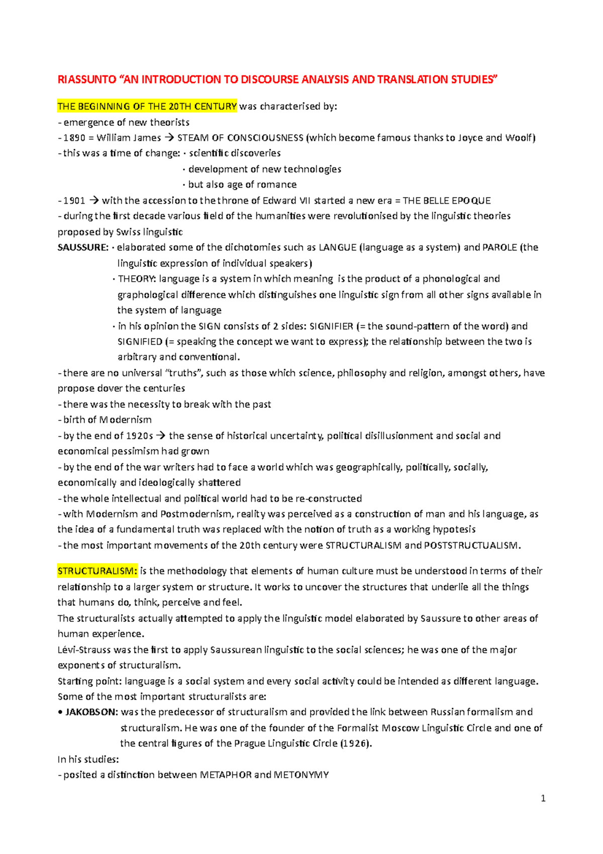 Summary Lingua e Traduzione - RIASSUNTO “AN INTRODUCTION TO DISCOURSE ...