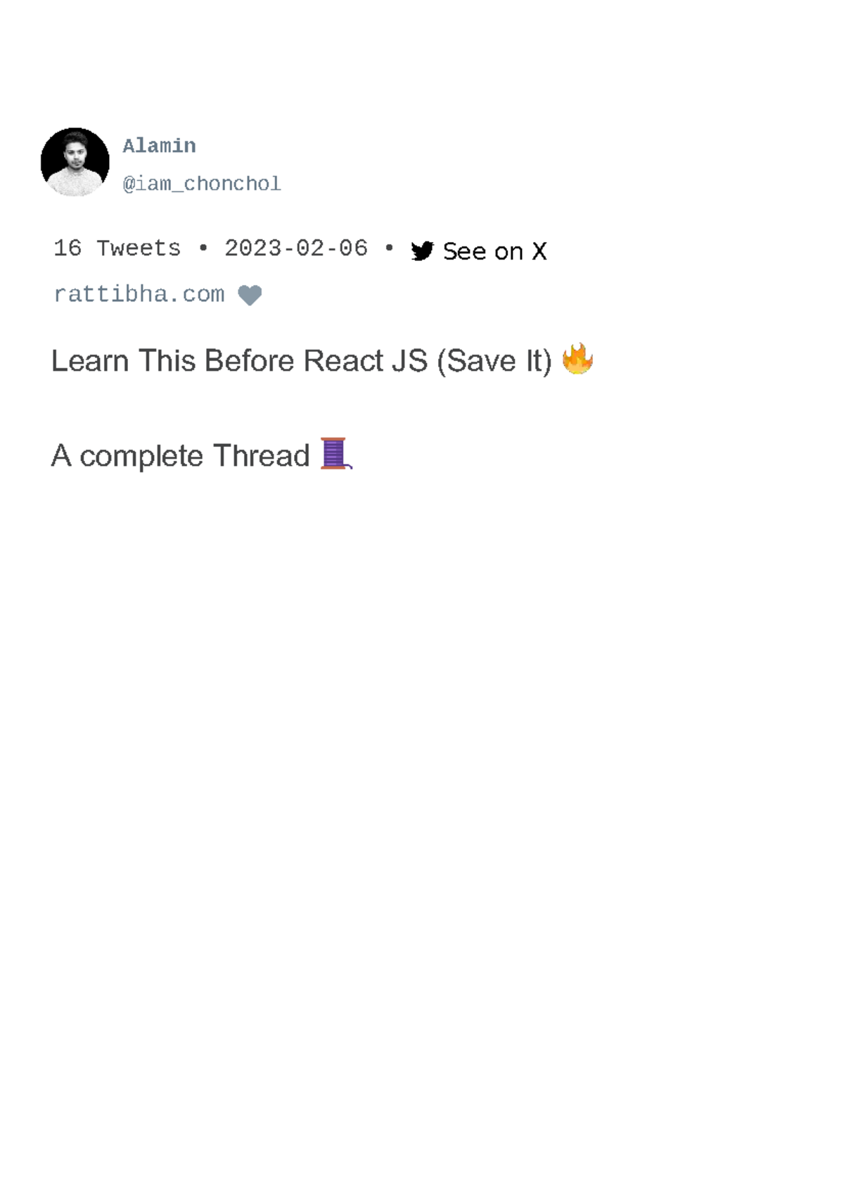 - learn this before react thread by iam chonchol feb 6, 23 from rattibha - 16 Tweets • 2023-02 ...
