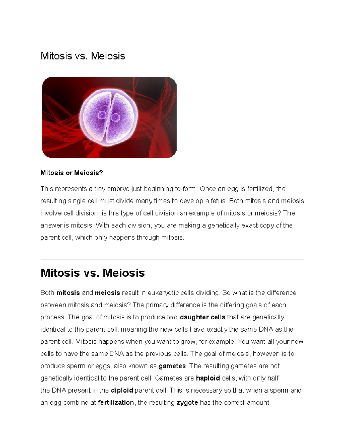 Mitosis vs meiosis Assignment - Mitosis vs. Meiosis Mitosis or Meiosis ...