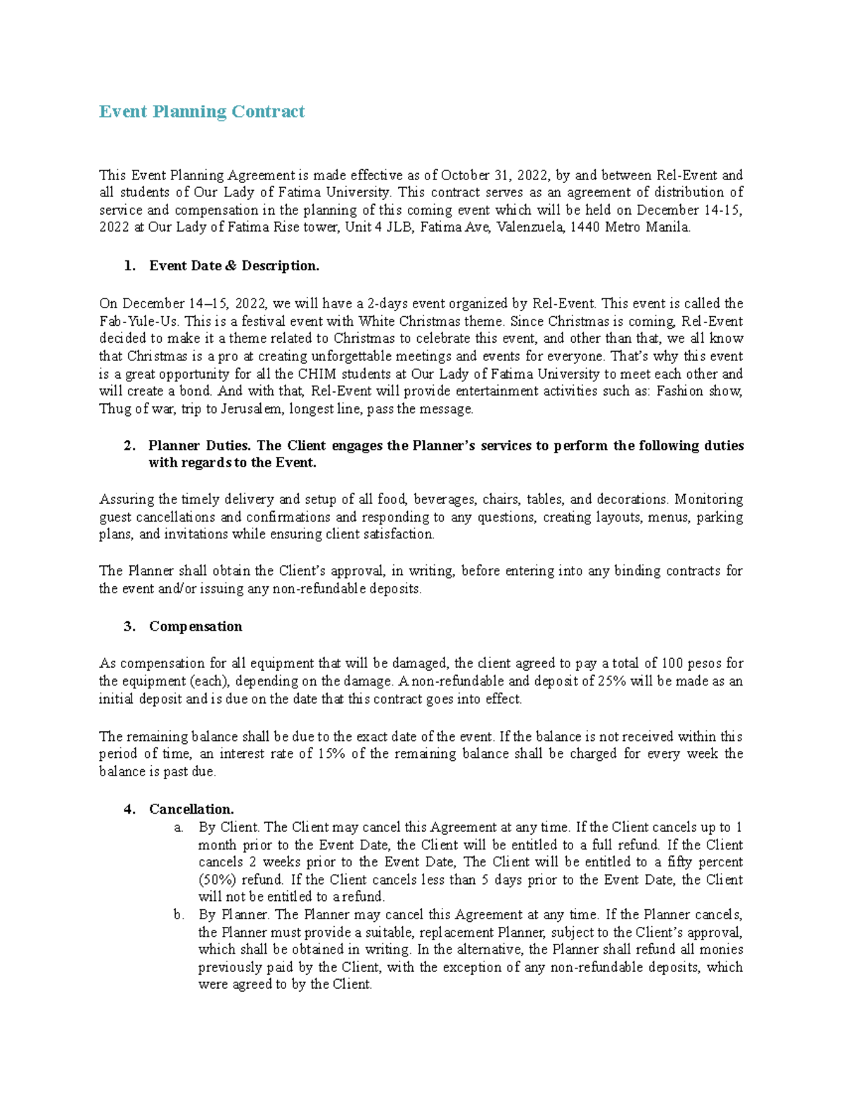 Event Planning Contract Event Planning Contract This Event Planning