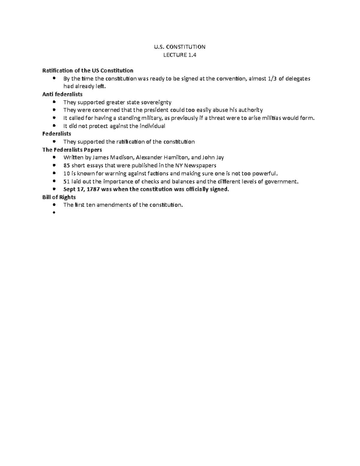 POLS 1100 Lecture 1.4 - U. CONSTITUTION LECTURE 1. Ratification of the ...