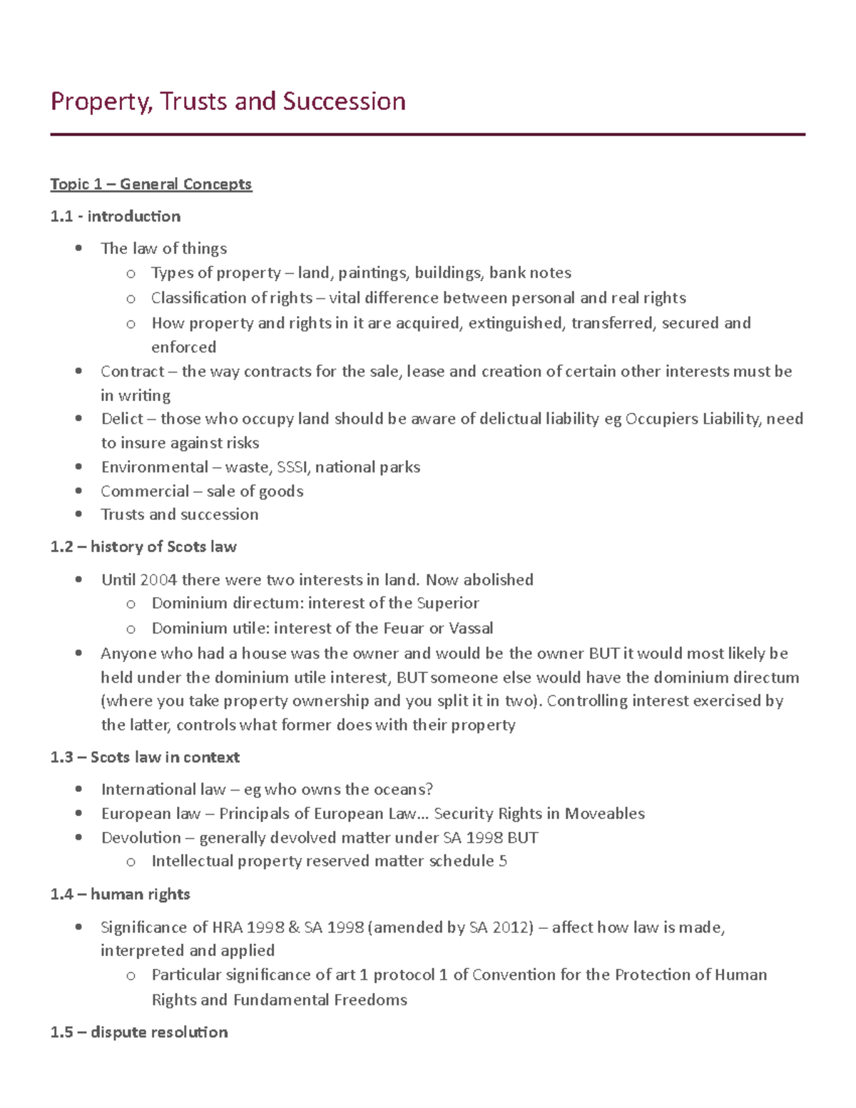 Lectures - Property, Trusts and Succession Topic 1 – General Concepts 1 ...