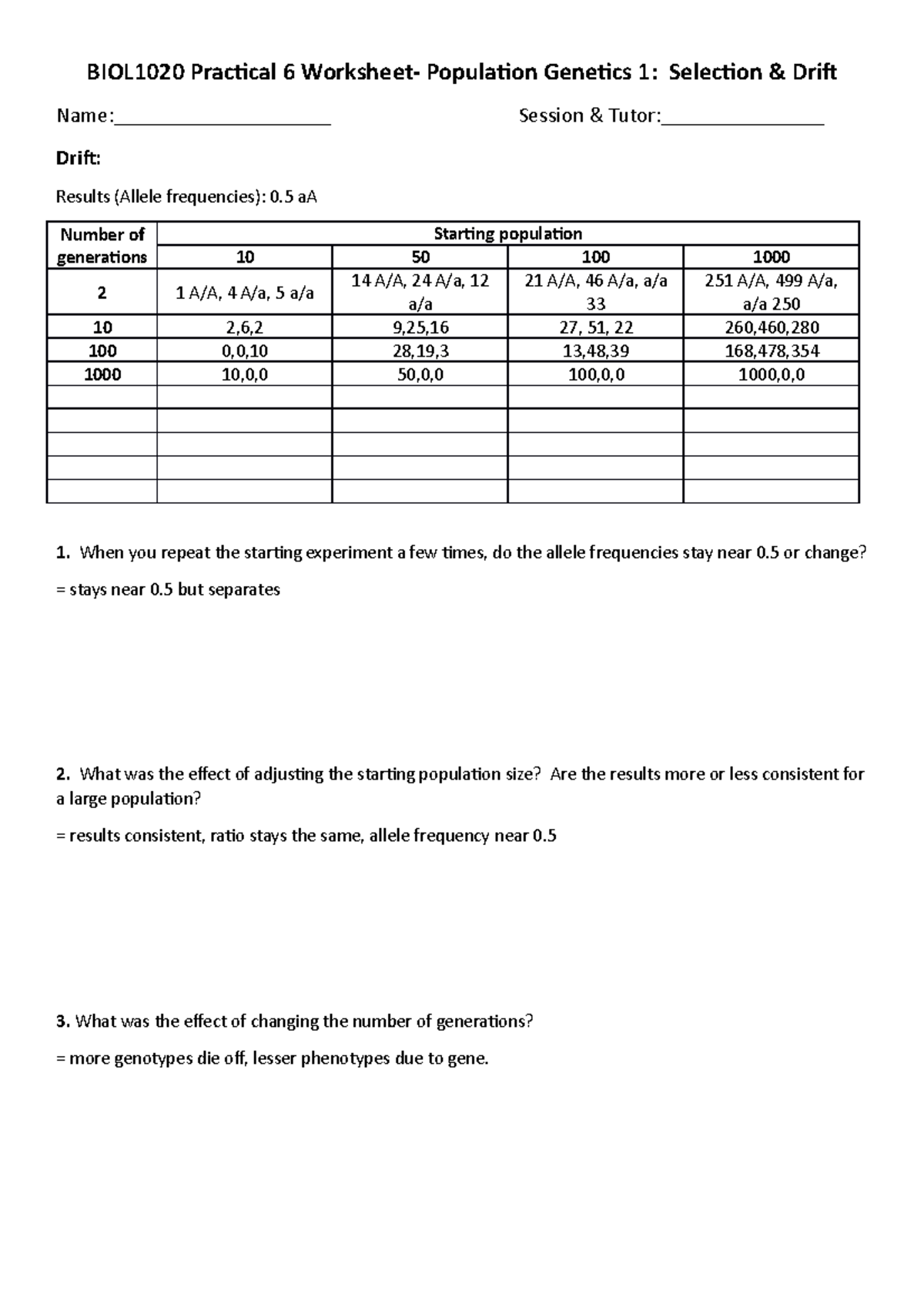 Prac 6 Worksheet - meh - BIOL1020 Practical 6 Worksheet- Population ...