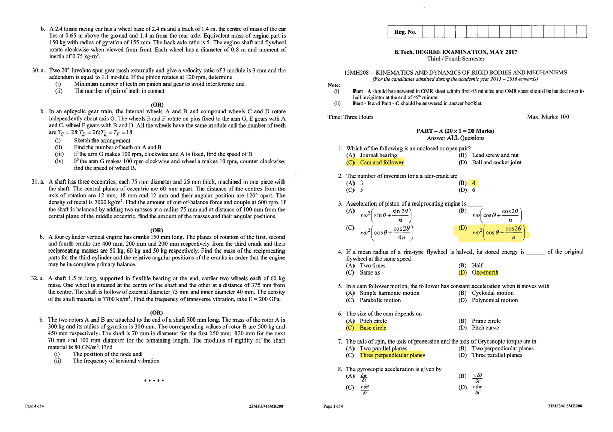 18MHC106T-Kinematic And Rigid Bodies-MCQS - b. A2 tonne racing car has ...