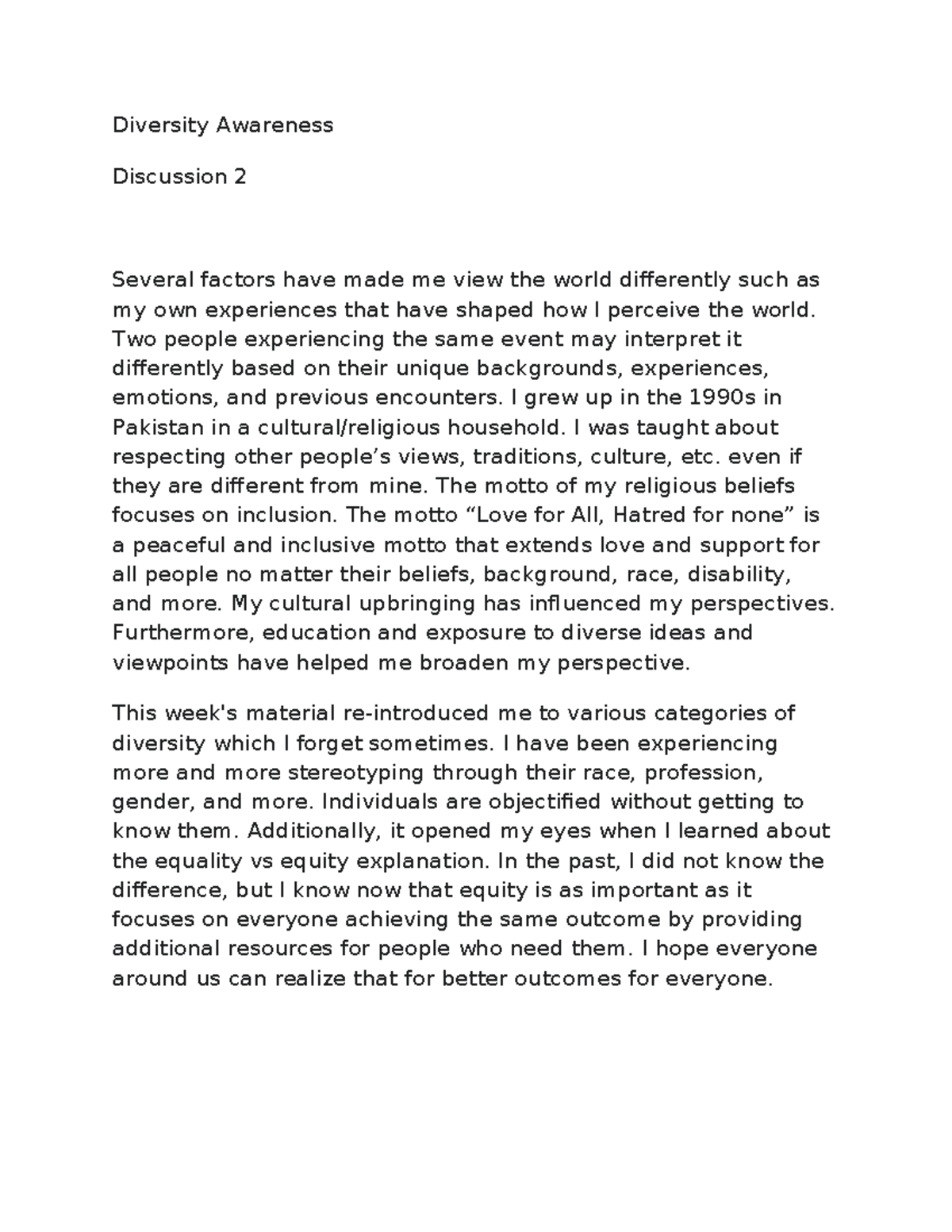 Diversity Awareness-Discussion 2 - Two people experiencing the same ...