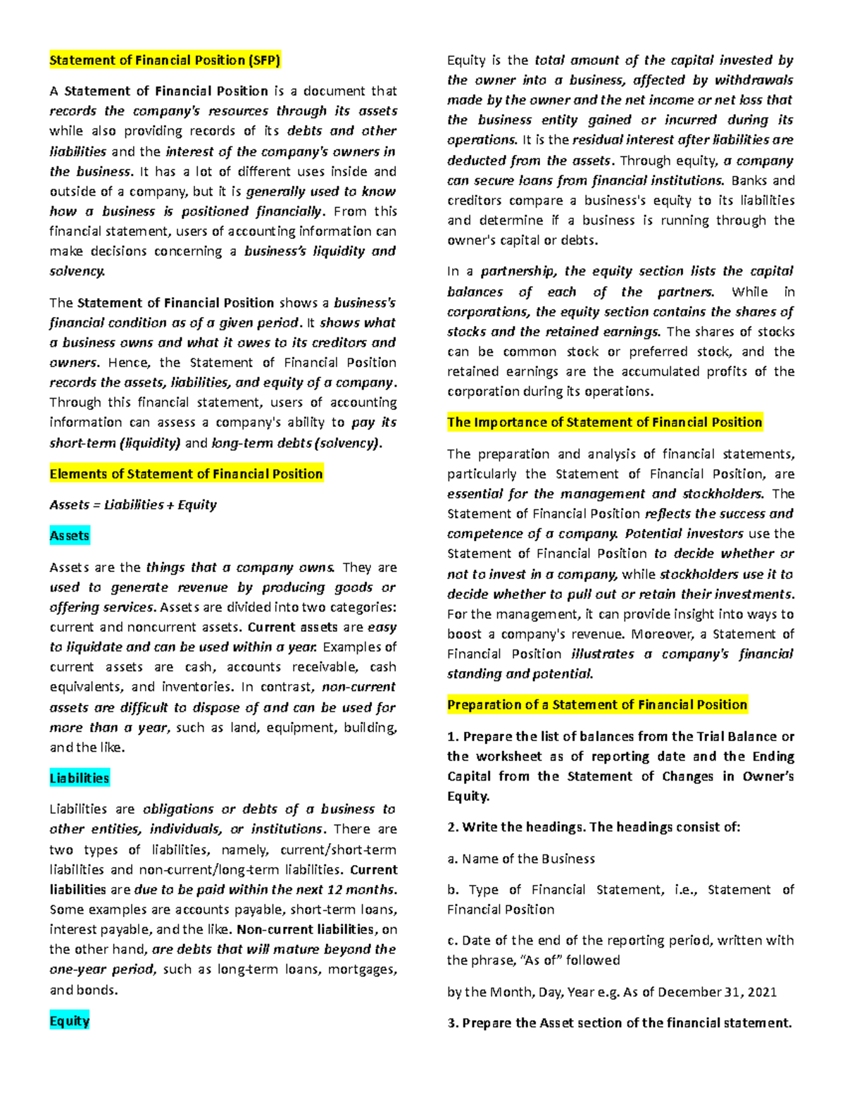 FABM 2 - Fabm 2 notes - Statement of Financial Position (SFP) A ...
