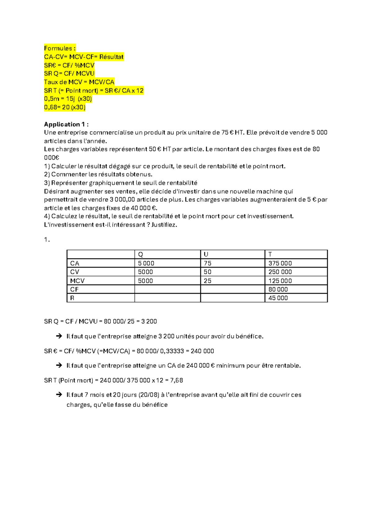 TD3- Compta gestion (Correction) - Formules : CA-CV= MCV-CF= Résultat SR€ = CF/ %MCV SR Q= CF ...