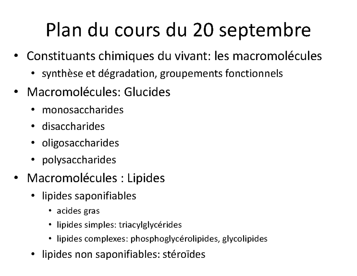 2022-09-20 Diapos-2 - sssss - Plan du cours du 20 septembre " Constituants chimiques du vivant ...