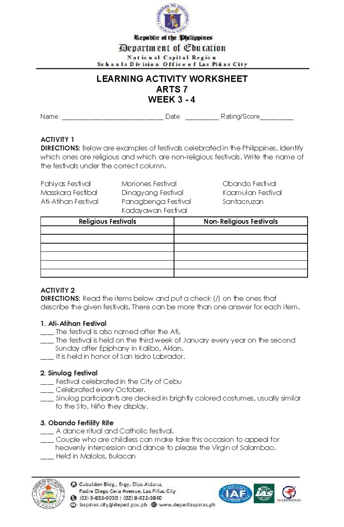 W3-4 ARTS-7-LAW-Q4 - ARTS 7 WEEK 3 - 4 Name: ___________________________ Date: _________ - Studocu