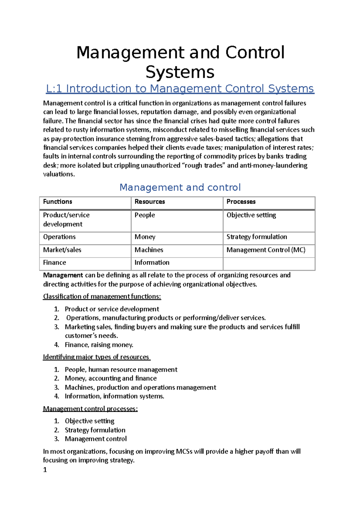 Summaries from Management control systems - Management and Control ...