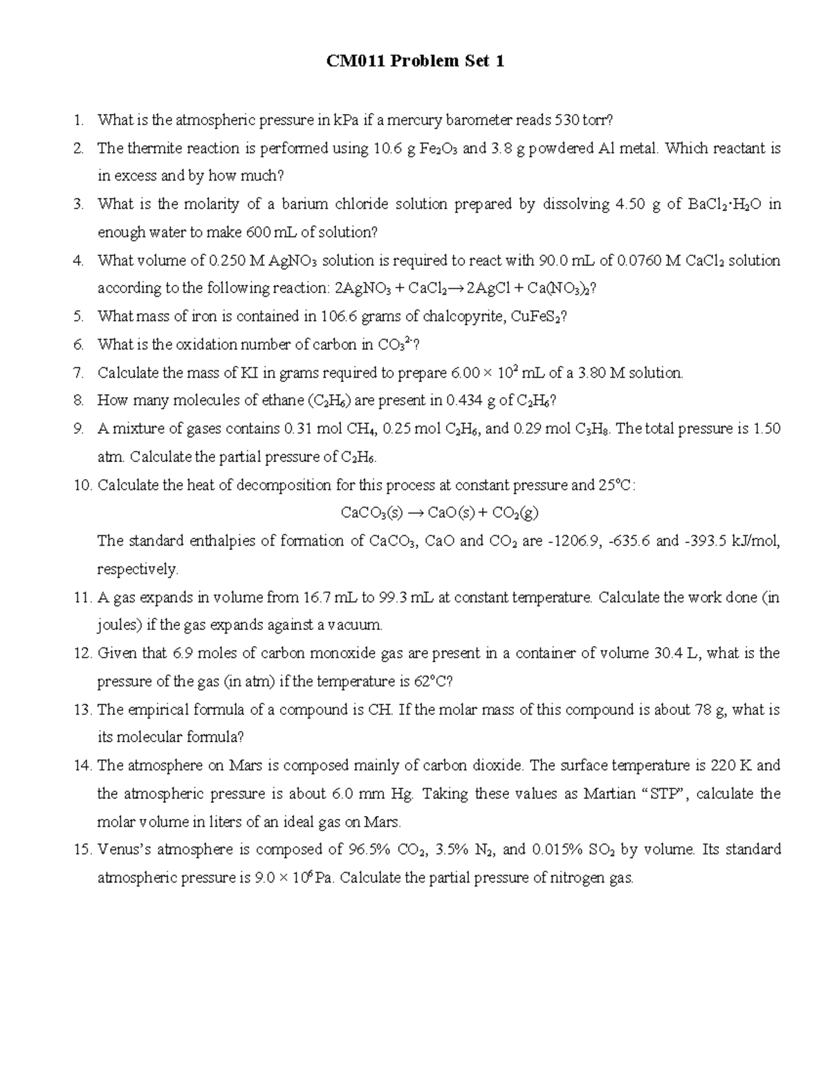 CM011 Problem Set 1 - Which reactant is in excess and by how much? What ...