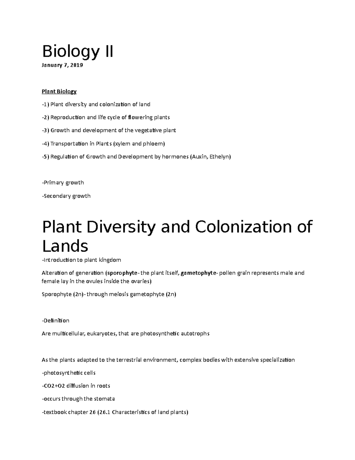 Biology II Notes 2018 - Biology II January 7, 2019 Plant Biology -1 ...