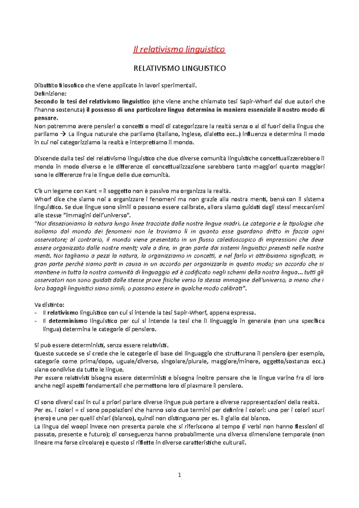 Appunti - Il relativismo linguistico - Filosofia della Mente, Logica e ...