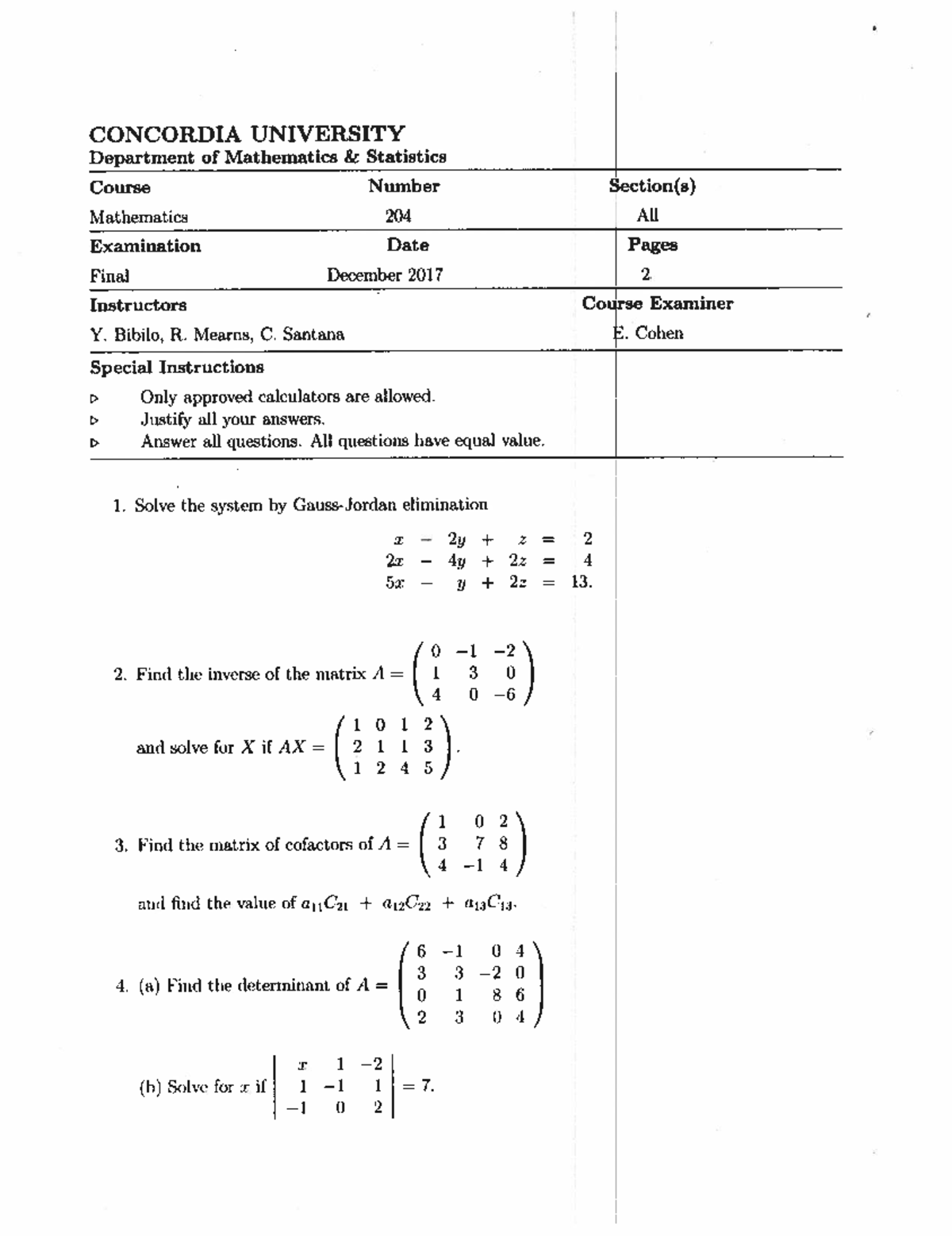 Final exam 4 Fall 2017, questions - CONCORDIA UNIVERSITY Department of ...
