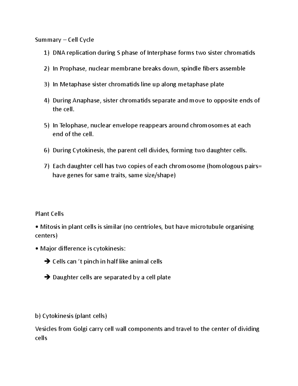 5 Cytokinesis - Summary – Cell Cycle 1) DNA replication during S phase ...