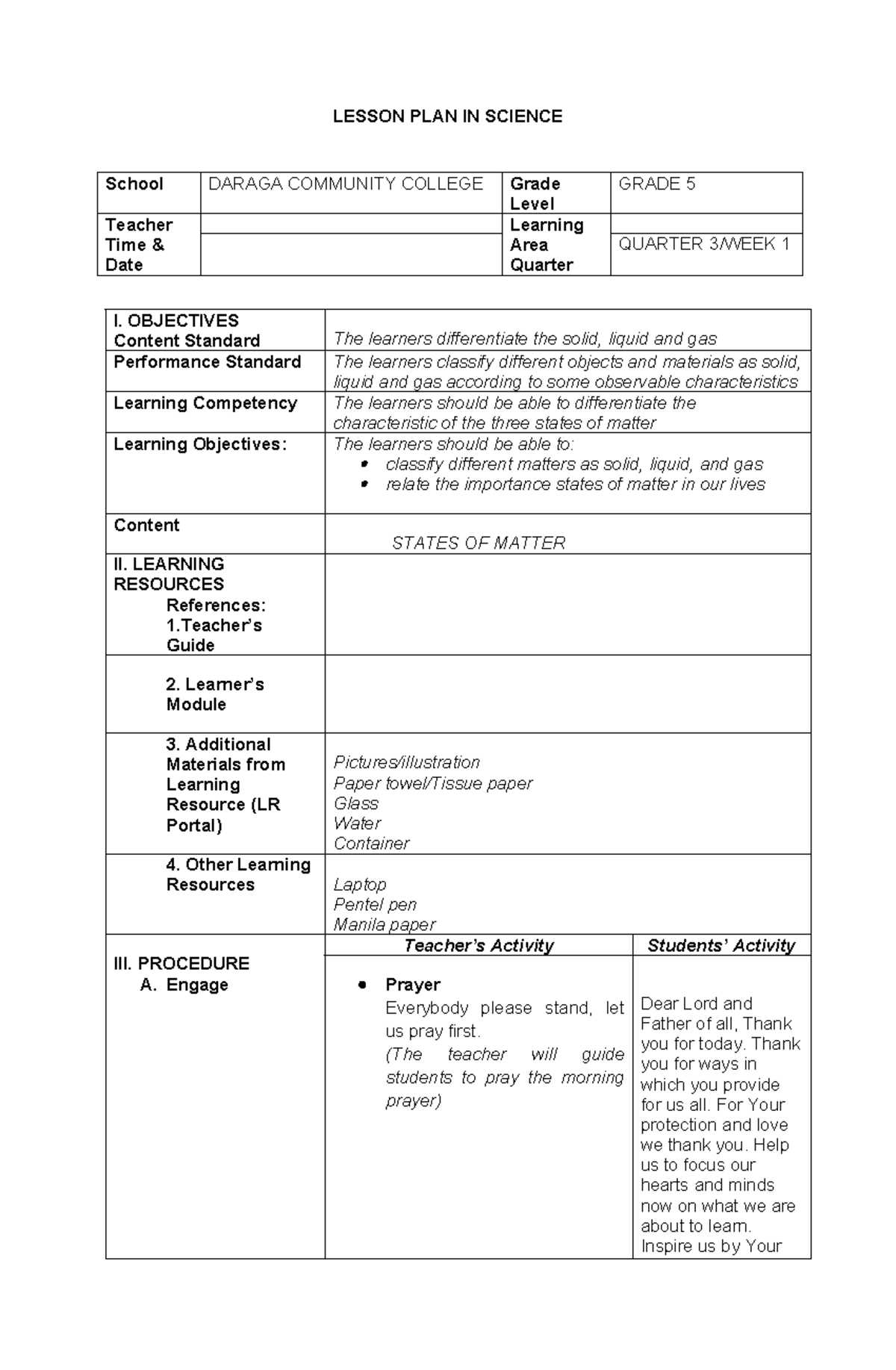 5ES Mary Rose Yalon - LESSON PLAN IN SCIENCE School DARAGA COMMUNITY ...