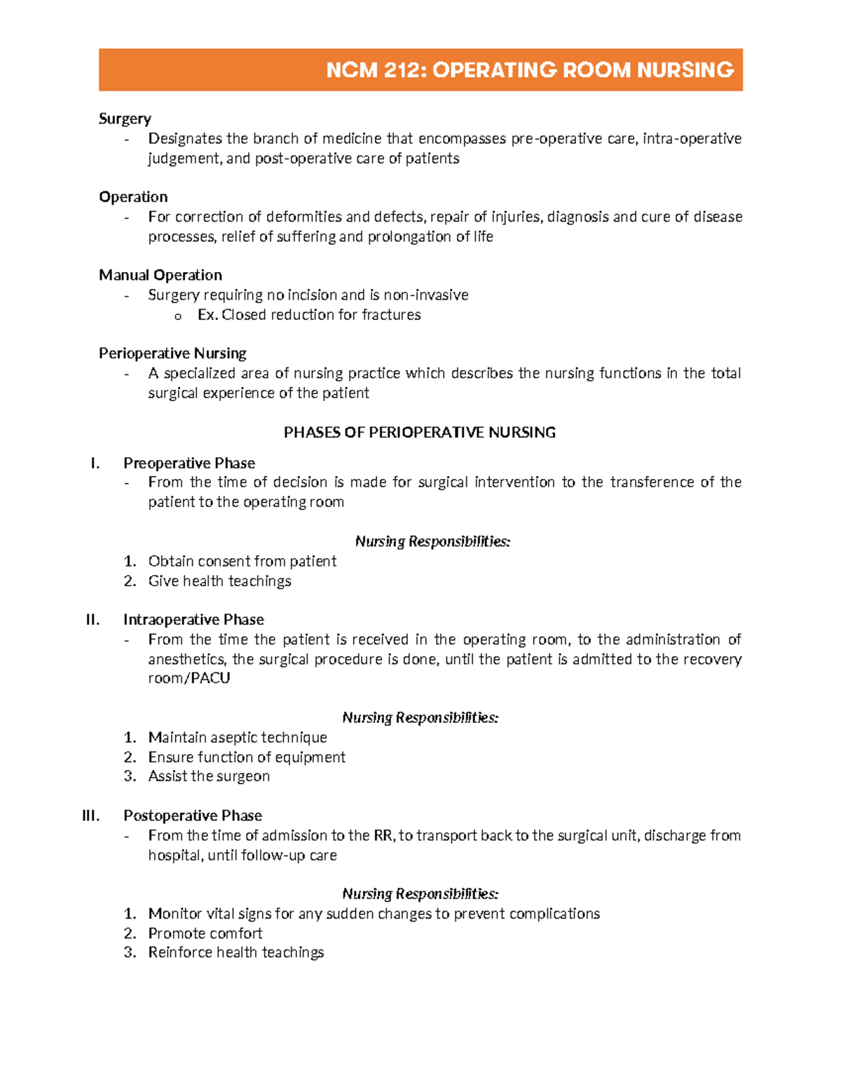 Operating ROOM Nursing 1 - NCM 212: OPERATING ROOM NURSING Surgery ...