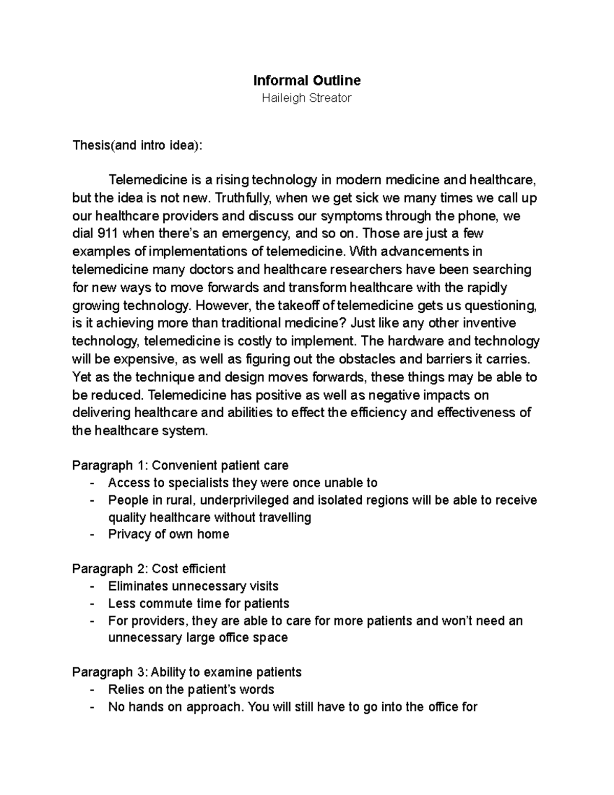 English Informal Outline - Informal Outline Haileigh Streator Thesis ...