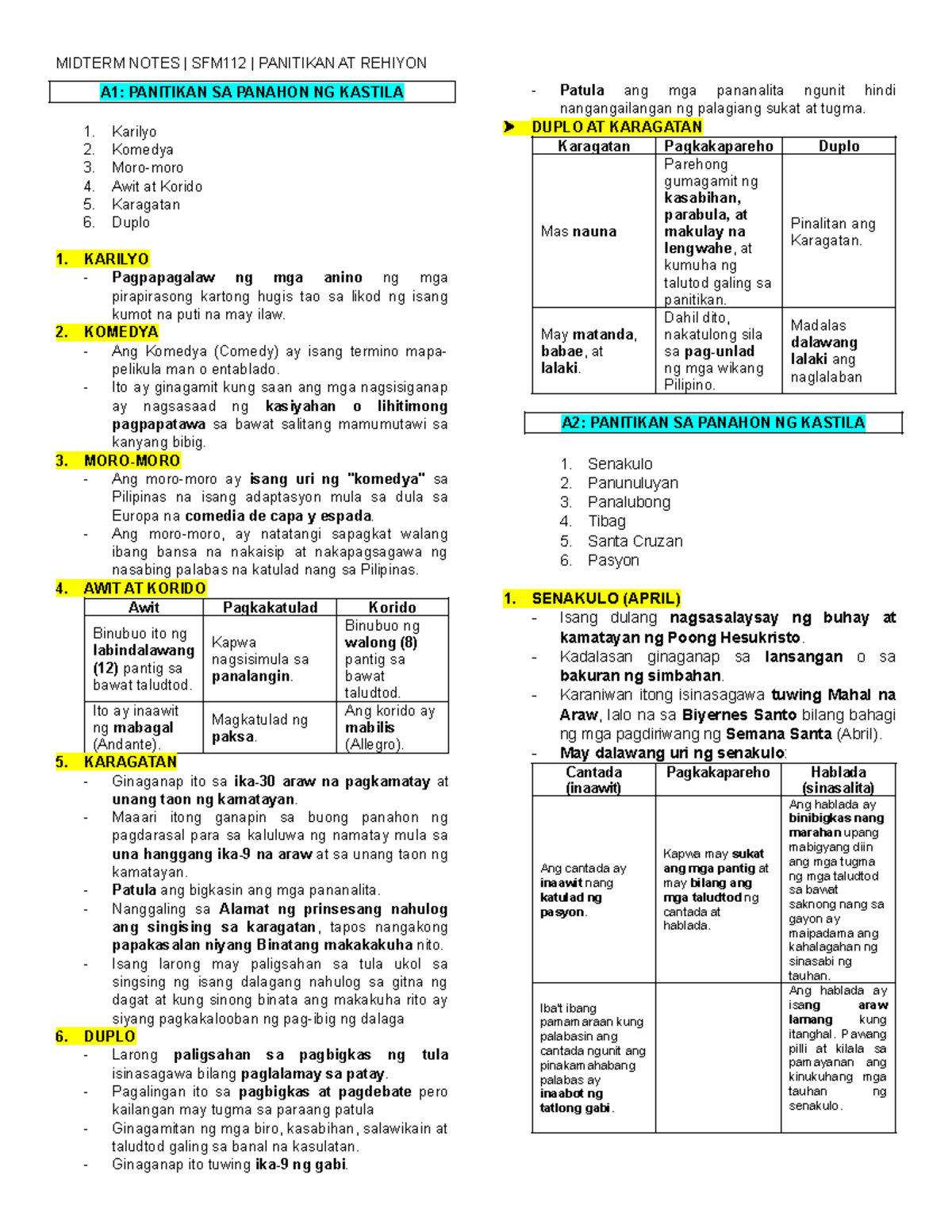 SFM112 Midterm Notes - A1: PANITIKAN SA PANAHON NG KASTILA Karilyo ...
