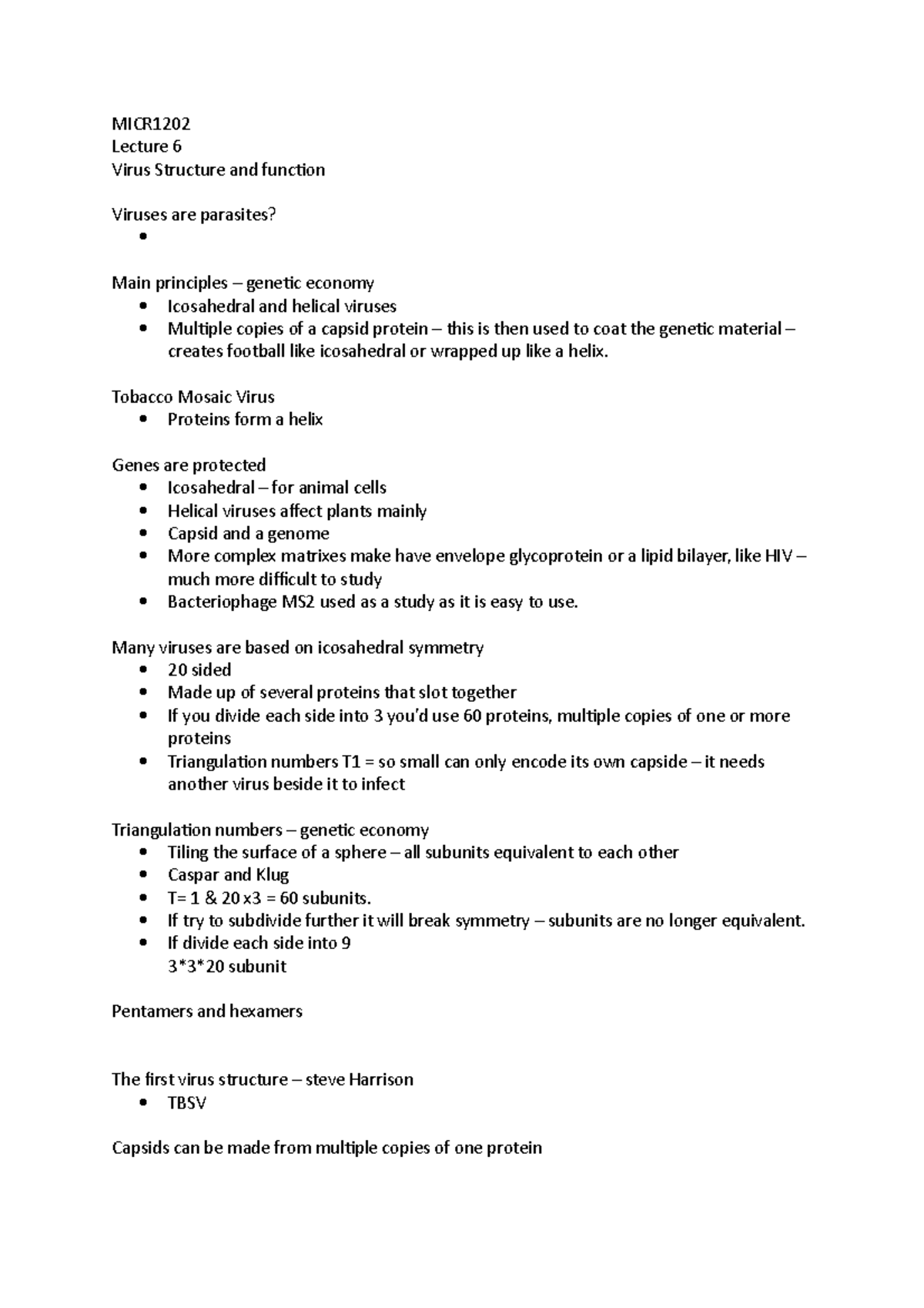 Ecture 6 virus structure and function - MICR Lecture 6 Virus Structure and function Viruses are ...