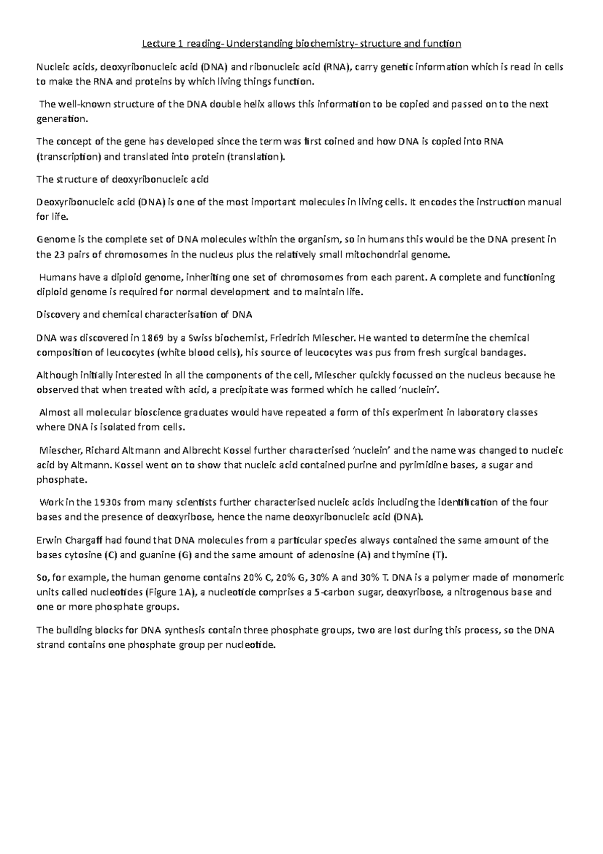 Lecture 1 reading- Understanding biochemistry - Lecture 1 reading ...