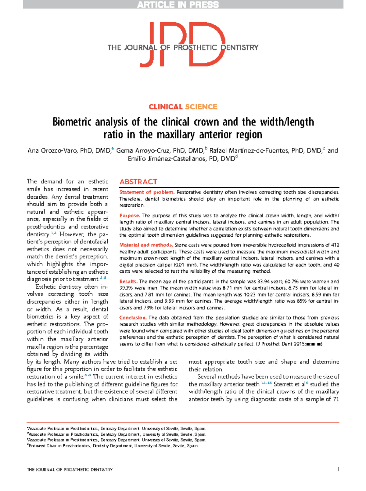 Biometric analysis of the clinical crown and the widthlength ...
