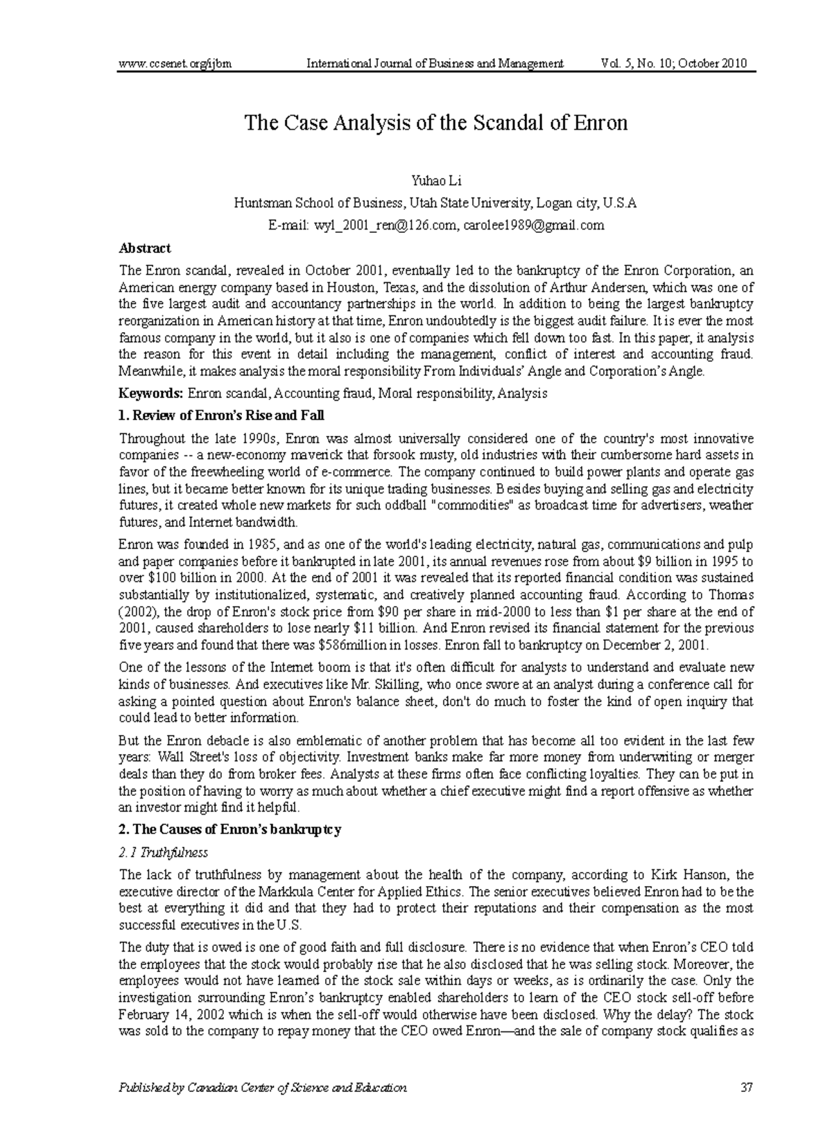 Enron case study, causes, judgements - Published by Canadian Center of ...