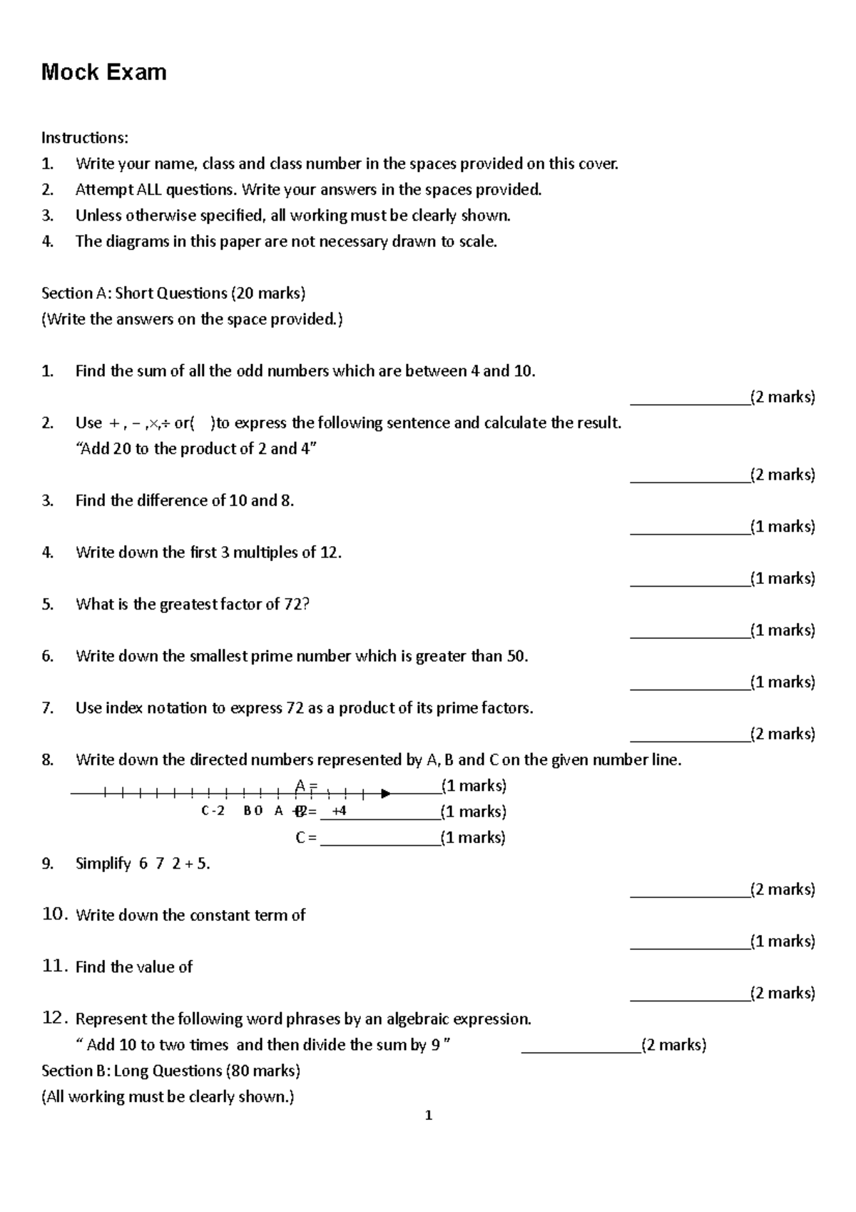 F.1 Mathematics Exam Paper - C -2 B 0 A +2 + Mock Exam Instructions ...