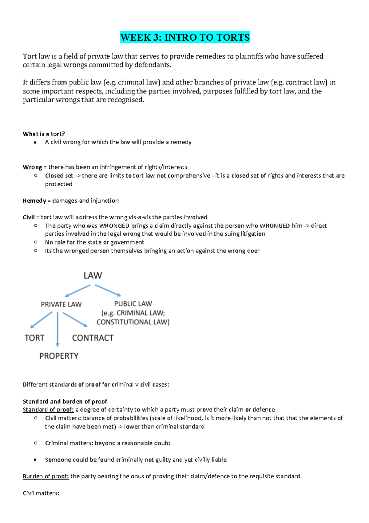 Tort law exam notes - WEEK 3: INTRO TO TORTS Tort law is a field of ...