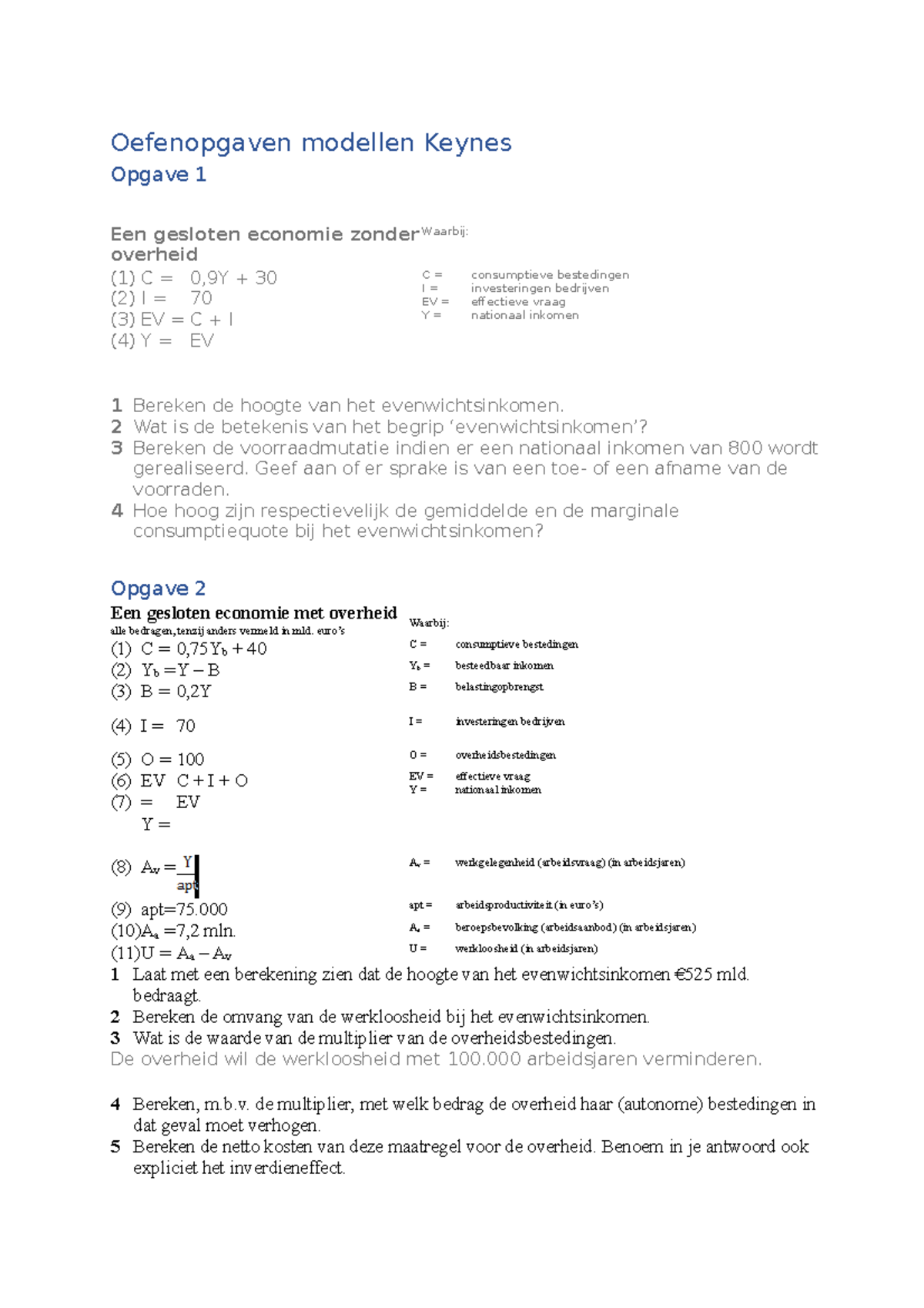 Oefenopgaven modellen Keynes - Oefenopgaven modellen Keynes Opgave 1 ...
