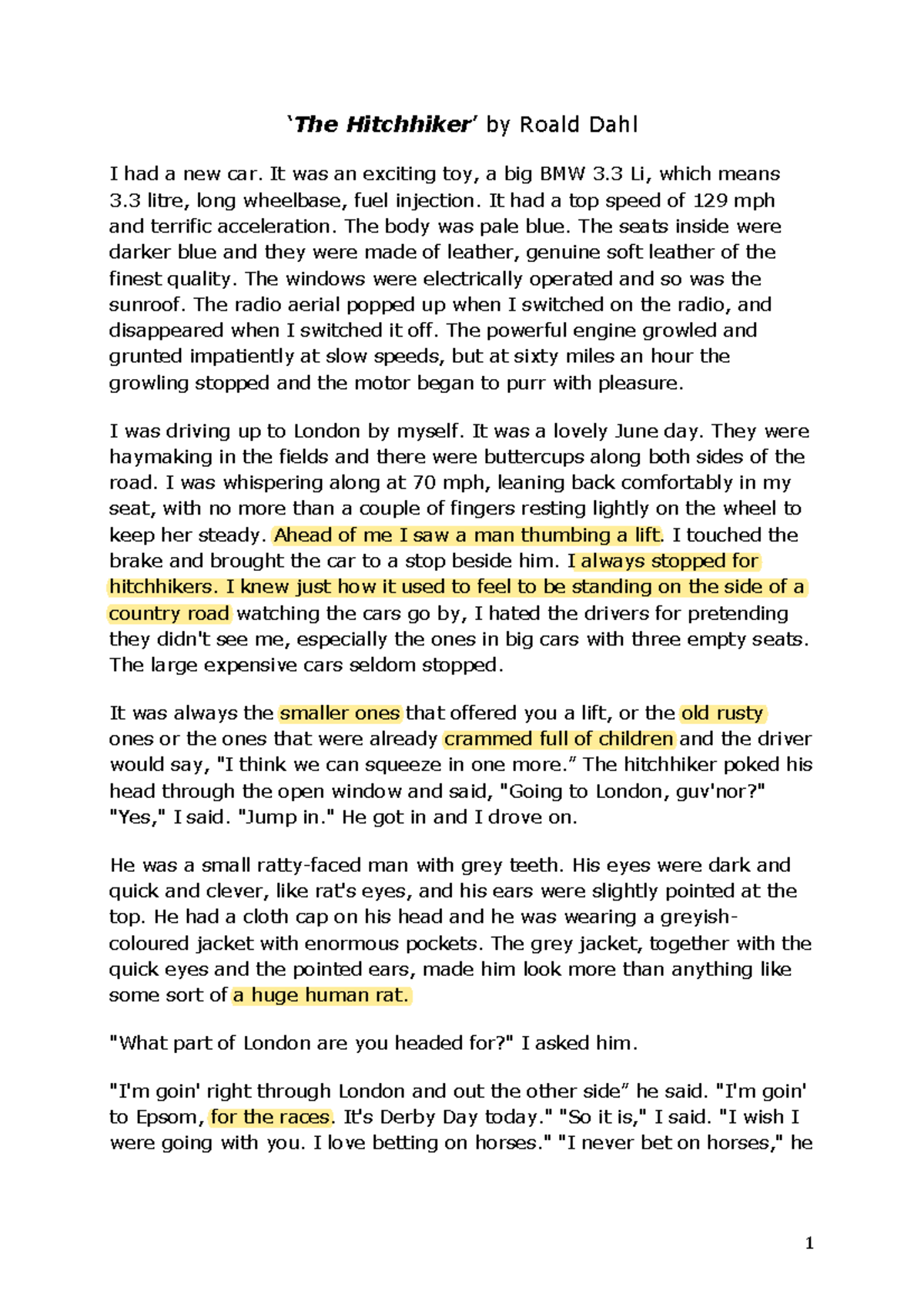 2 The Hitchhiker-by Roald Dahl - ‘The Hitchhiker’ by Roald Dahl I had a ...