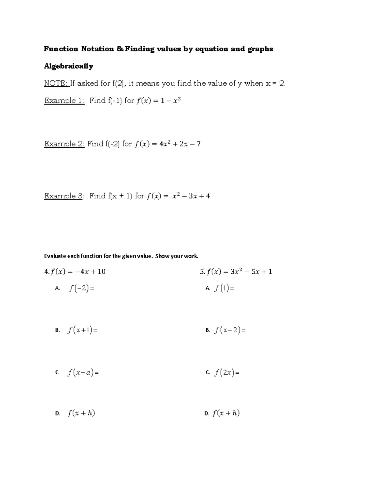 1.2 Notes - Function Notation & Finding values by equation and graphs ...