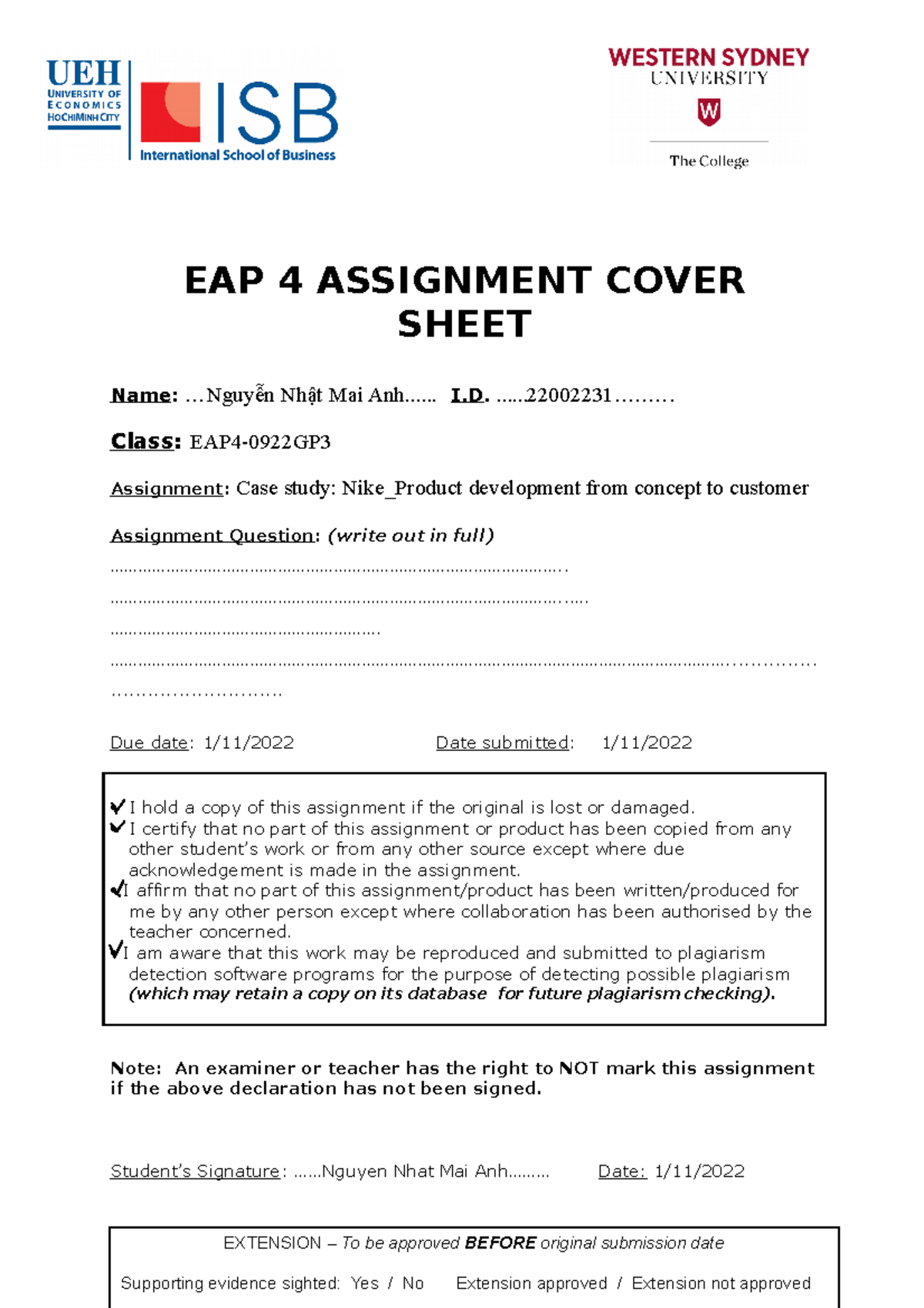 EAP4 0922GP3 Case Study Nguyen Nhat Mai Anh 22002 231 - EAP 4 ASSIGNMENT COVER SHEET Name: ..ễn ...