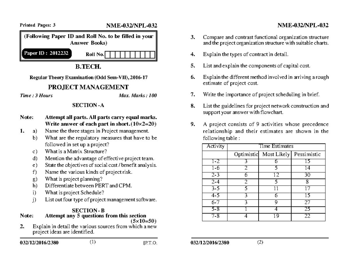 University Paper -2017 - [P.T. NME-032/NPL-032 NME-032/NPL- B. Regular ...