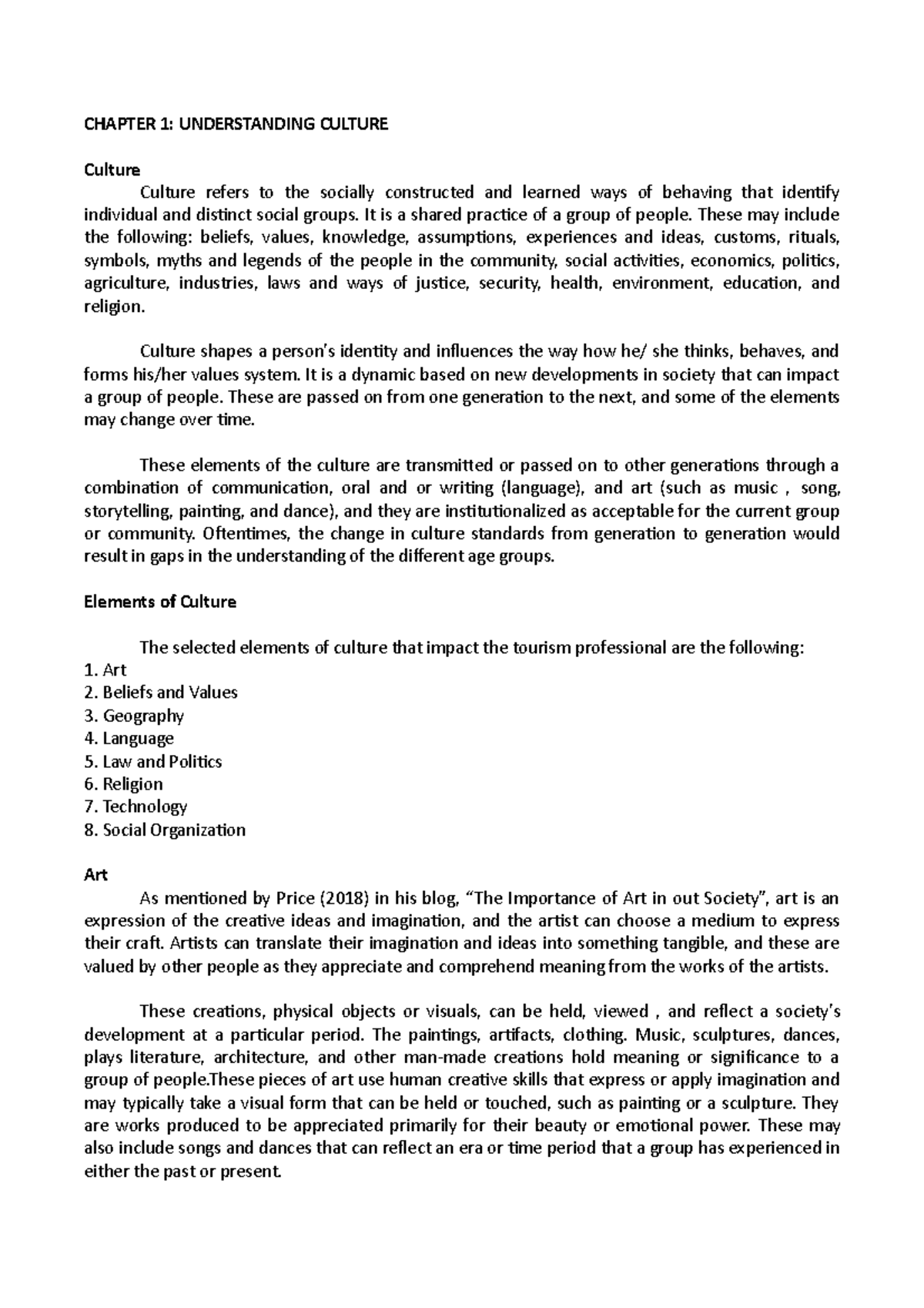 Chapter 1 - HEHE - CHAPTER 1: UNDERSTANDING CULTURE Culture Culture ...