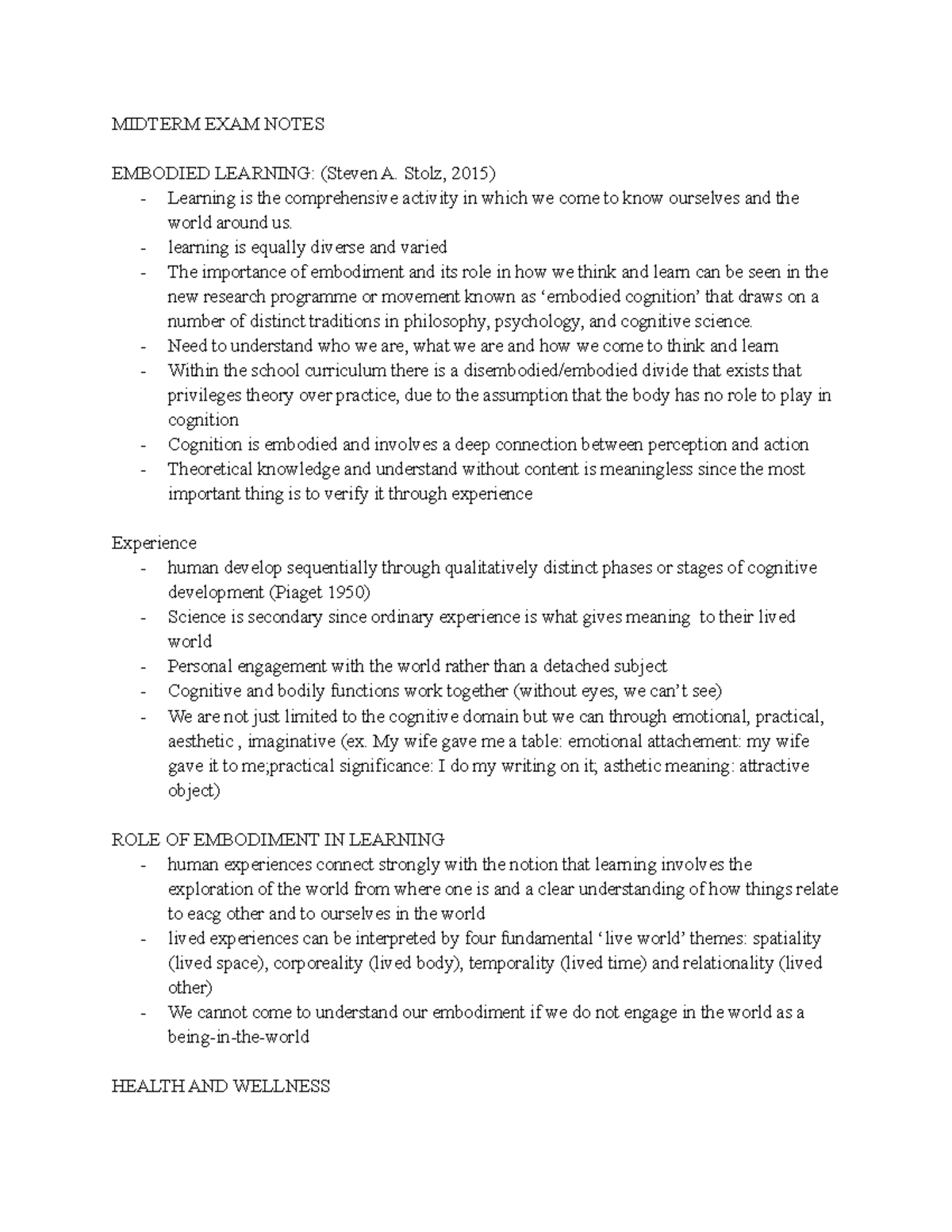 EDKP 204- Mid Term Exam - MIDTERM EXAM NOTES EMBODIED LEARNING: (Steven ...