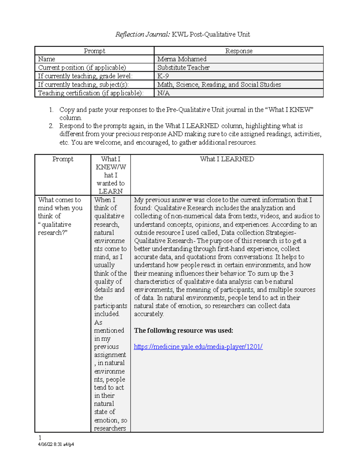 Reflection Journal KWL Post Qualitative Unit - EDUC 5397 - UT Arlington ...