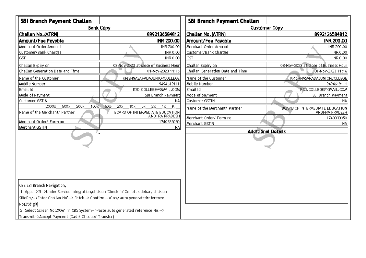01 11 23 111626 8992136584812 - SBIePay SBIePay SBI Branch Payment Challan Bank CopyChallan ...
