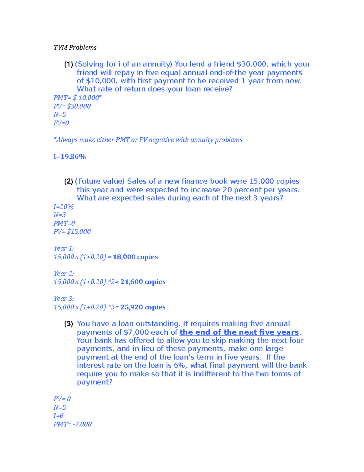 TVM Problems Guide - TVM Problems (1) (Solving for i of an annuity) You lend a friend $30,000 ...
