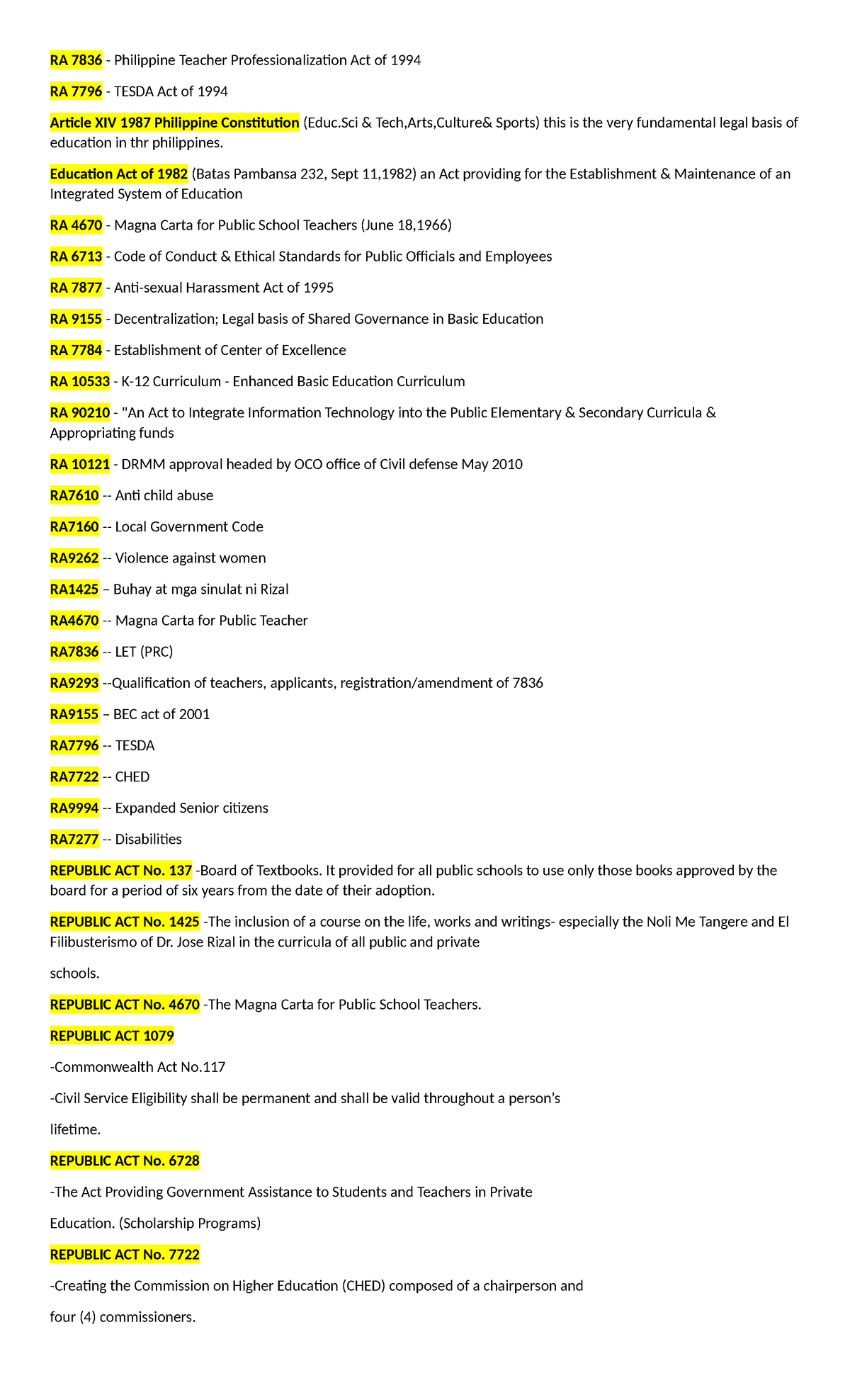 RA 7836 - Reviewer - RA 7836 - Philippine Teacher Professionalization ...