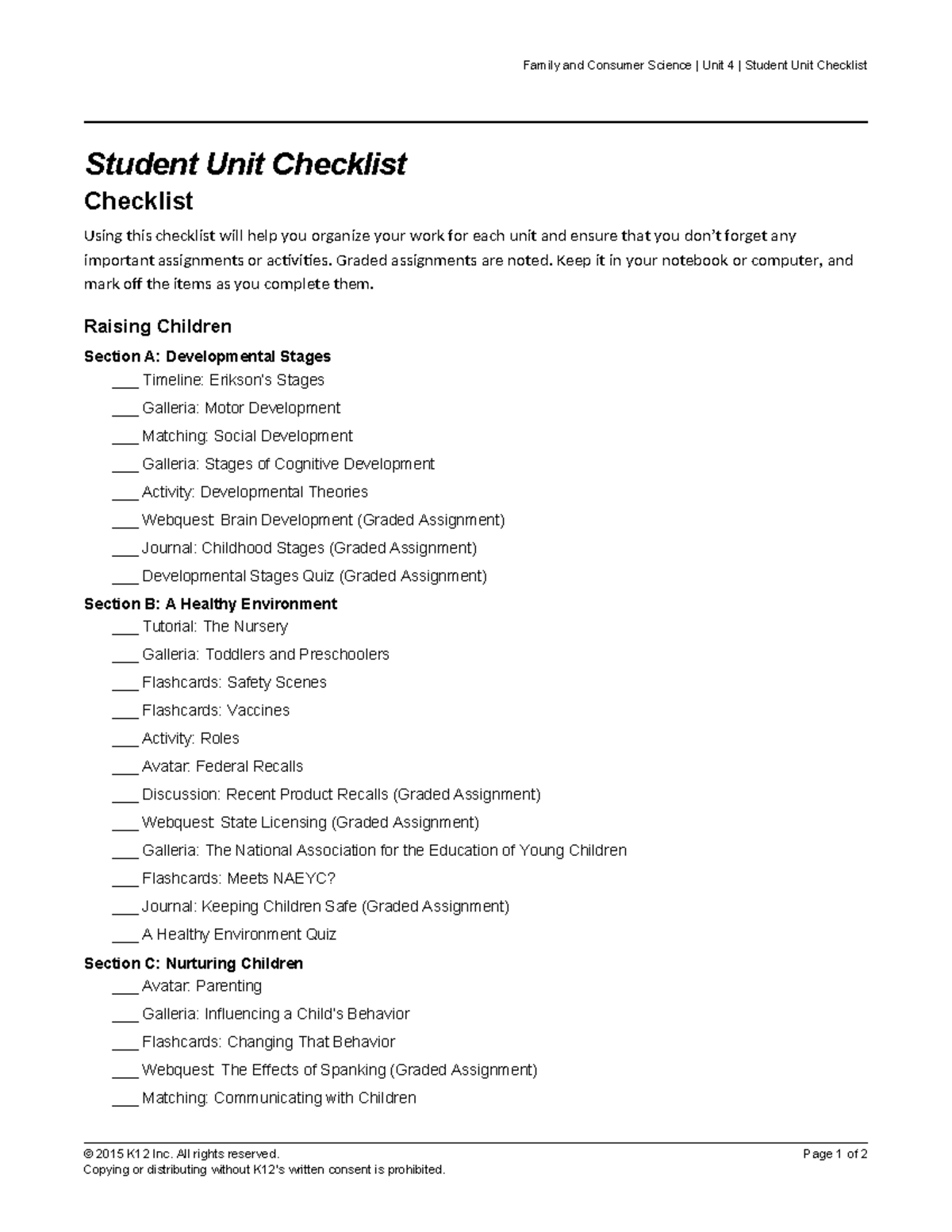 FCS HS u4 Checklist - n/a - Family and Consumer Science | Unit 4 ...