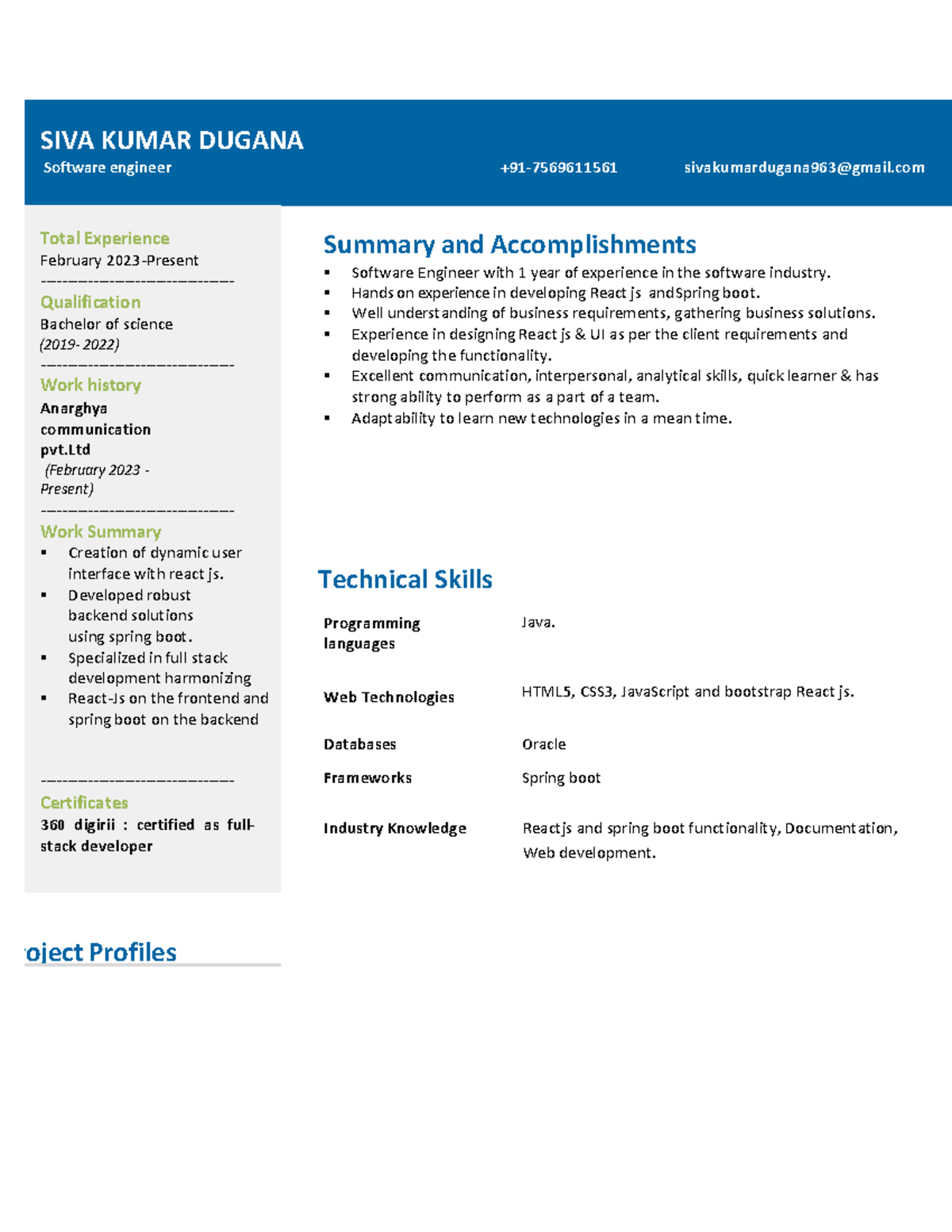 Siva kumar Dugana (1) - NMQDWV - SIVA KUMAR DUGANA Software engineer +91- 7569611561 - Studocu