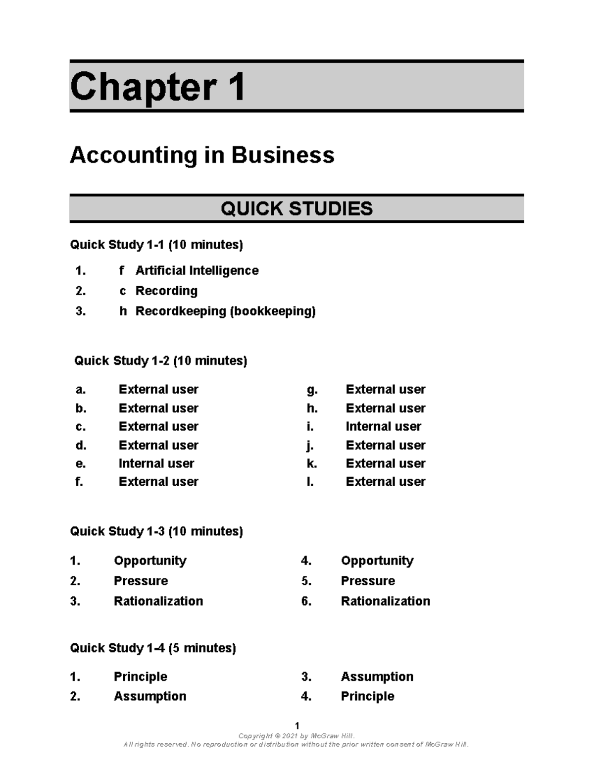Chapter 1 solutions - Chapter 1 Accounting in Business QUICK STUDIES ...